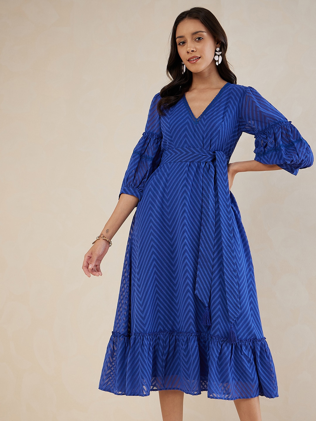 Buy Femella Chevron Printed Puff Sleeve A Line Midi Dress Dresses For