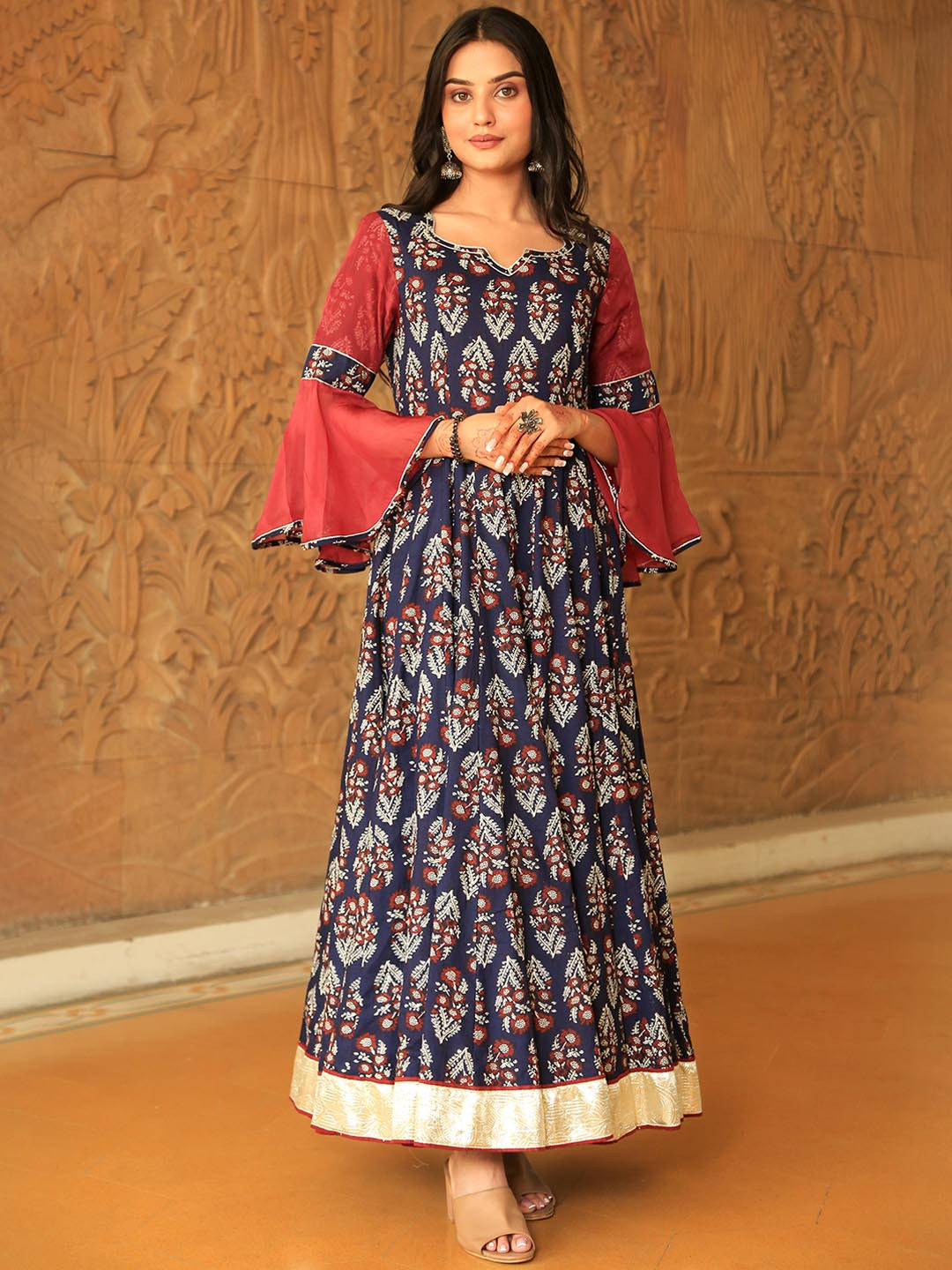 Buy Indian Virasat Deep Floral Printed Bell Sleeve Cotton Maxi Ethnic ...