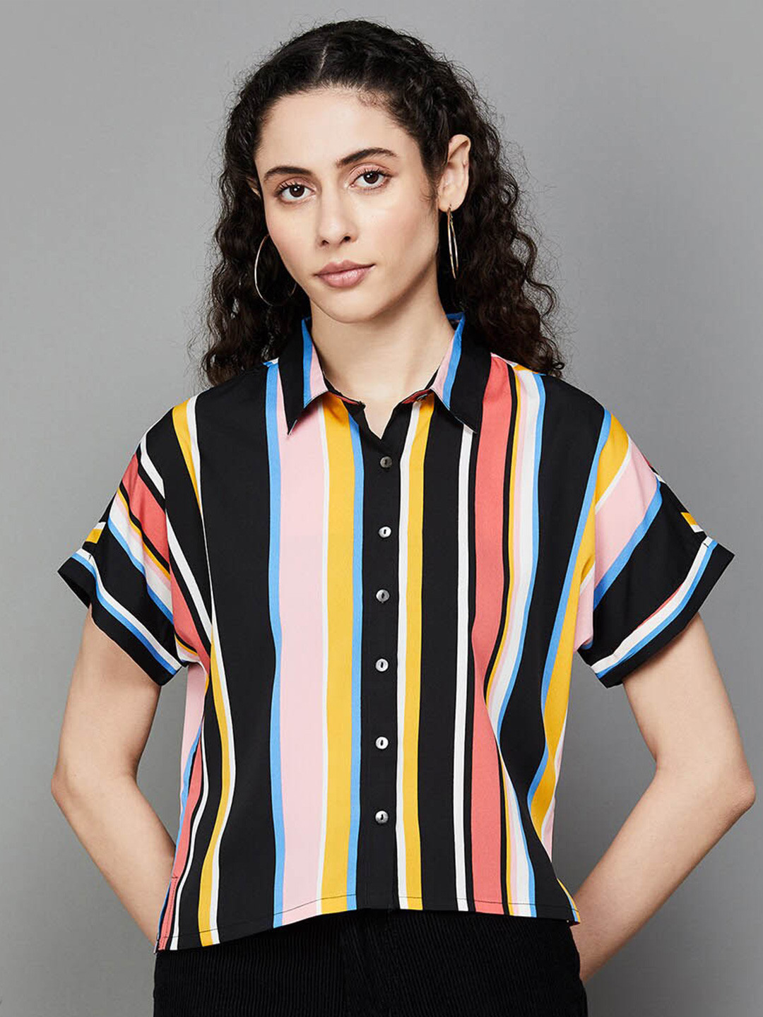 Buy Ginger By Lifestyle Shirt Collar Vertical Stripes Extended Sleeves ...