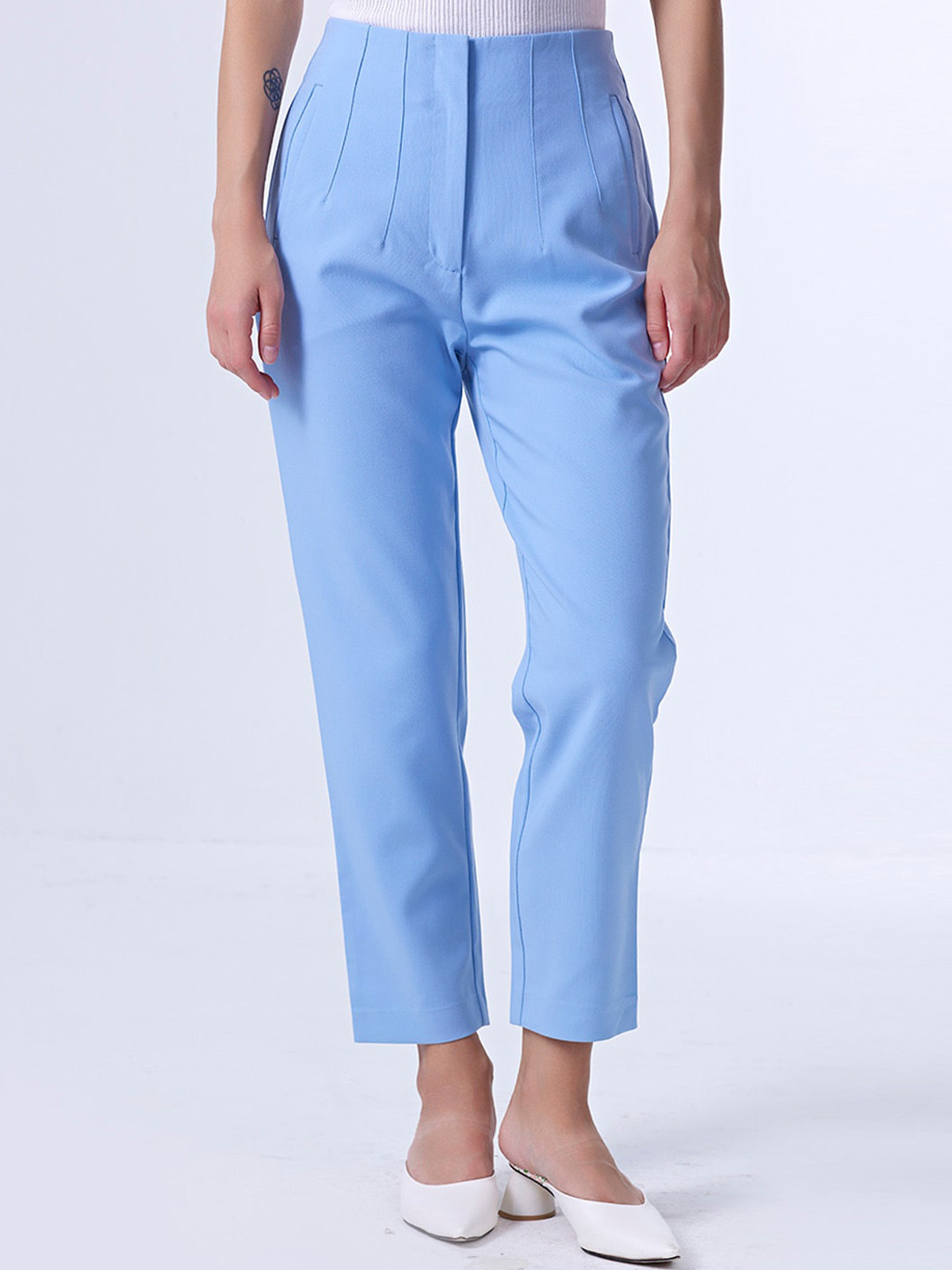 Buy COVER STORY Women Blue Slim Fit Cropped High Rise Trouser ...