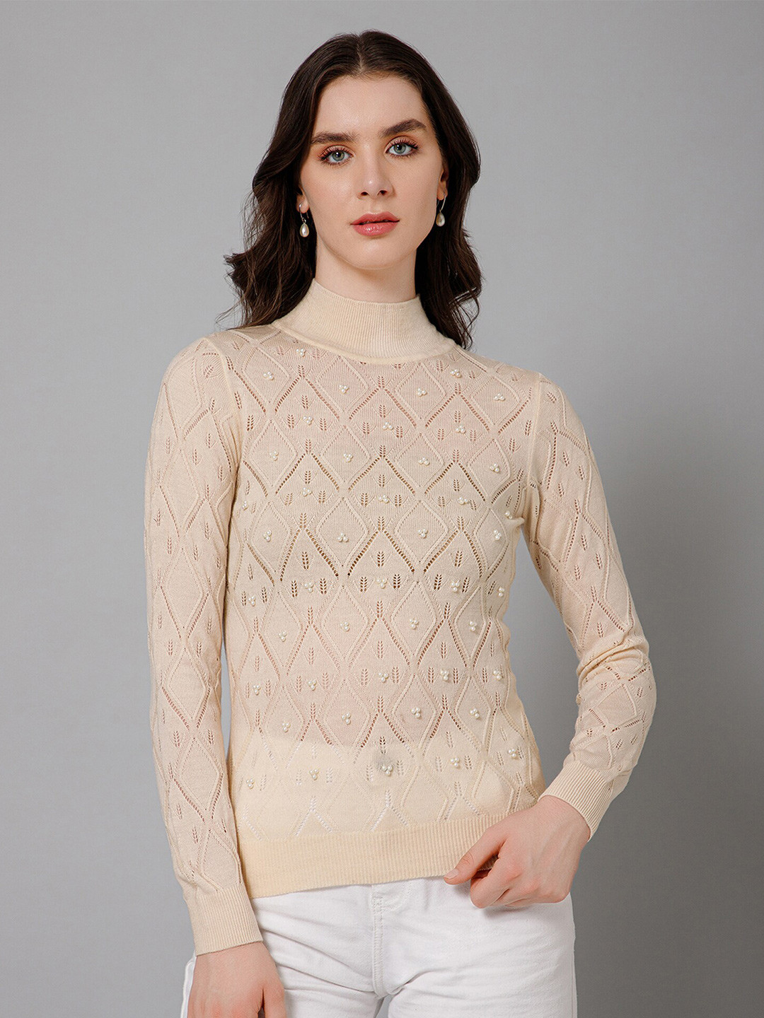 Buy Cantabil Open Knit Self Design High Neck Embellished Detailed ...