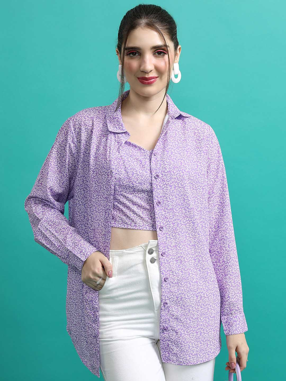 Buy Tokyo Talkies Floral Printed Crop Top With Longline Button Down ...