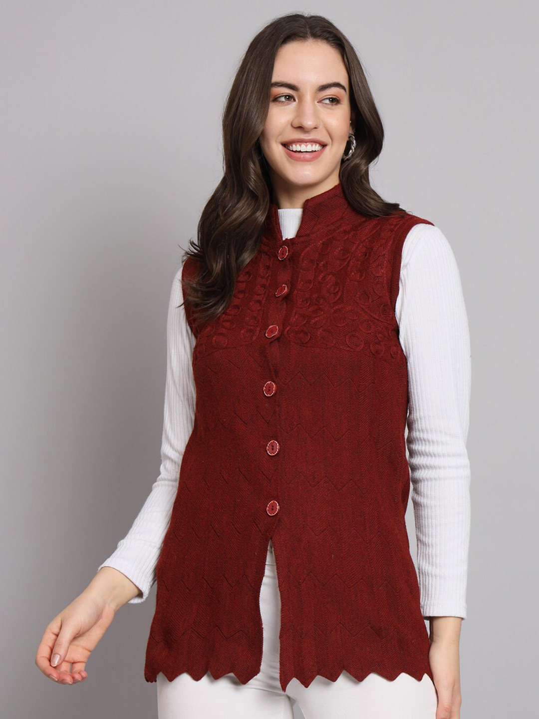 Buy EWools Embroidered Mandarin Collar Front Open Woollen Sweater ...