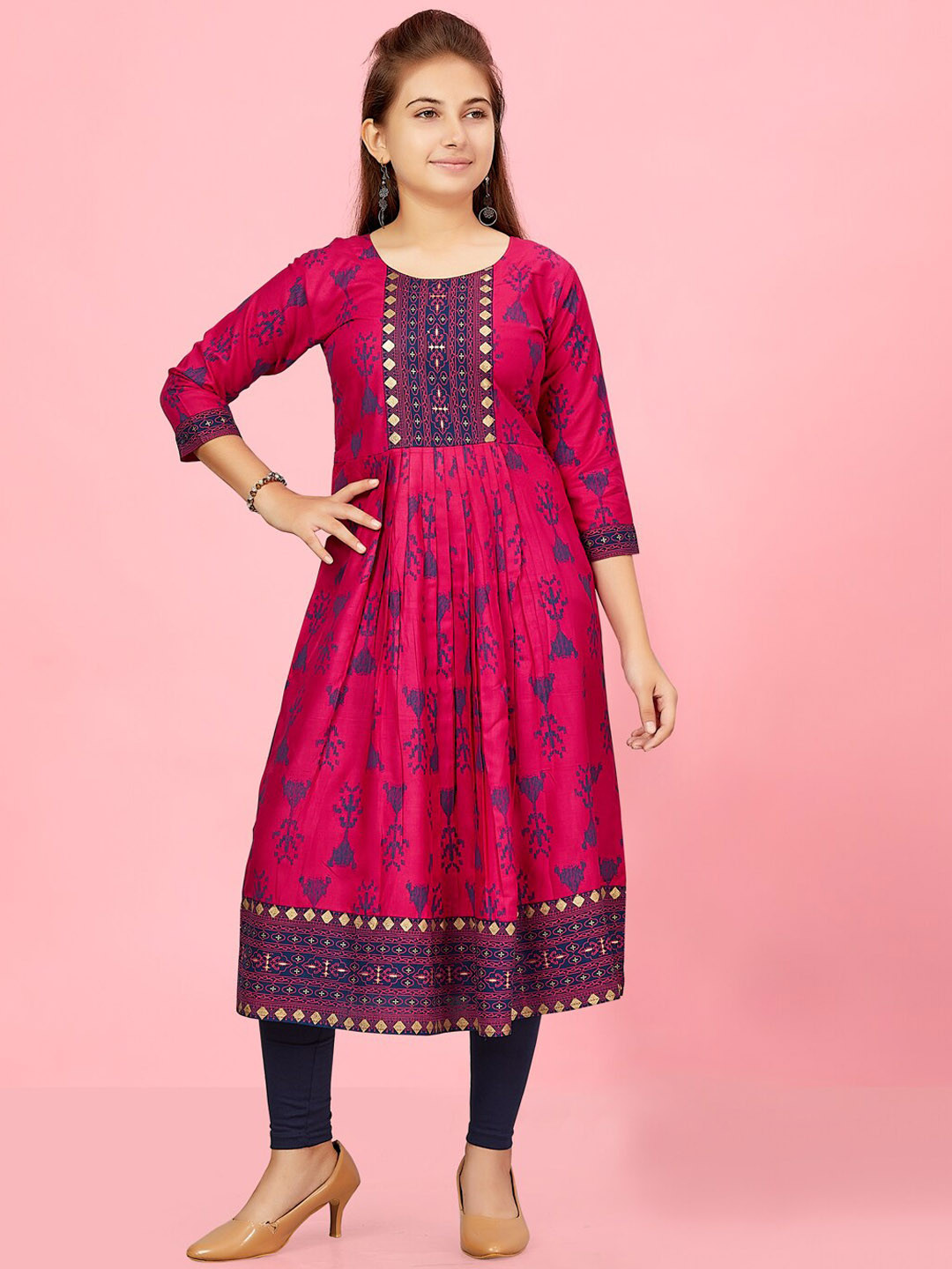 Buy BAESD Girls Ethnic Motifs Printed Pleated Pure Cotton Kurta With ...