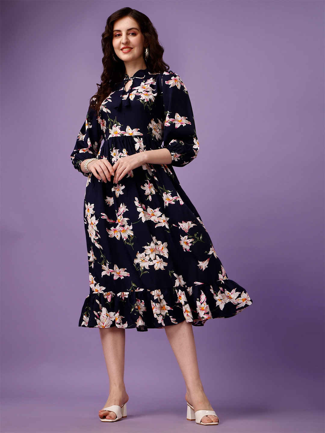 Buy Kalini Floral Printed Tie Up Neck Fit And Flare Georgette Midi Dress