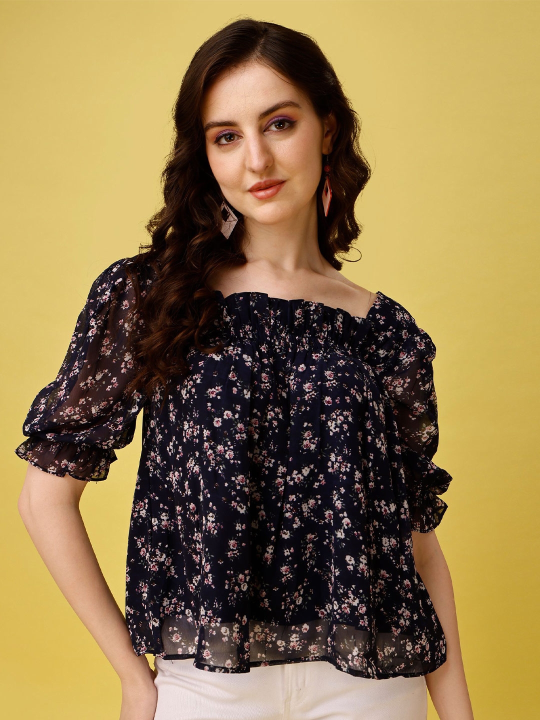 Buy Kalini Floral Printed Square Neck Puff Sleeve Georgette Top Tops
