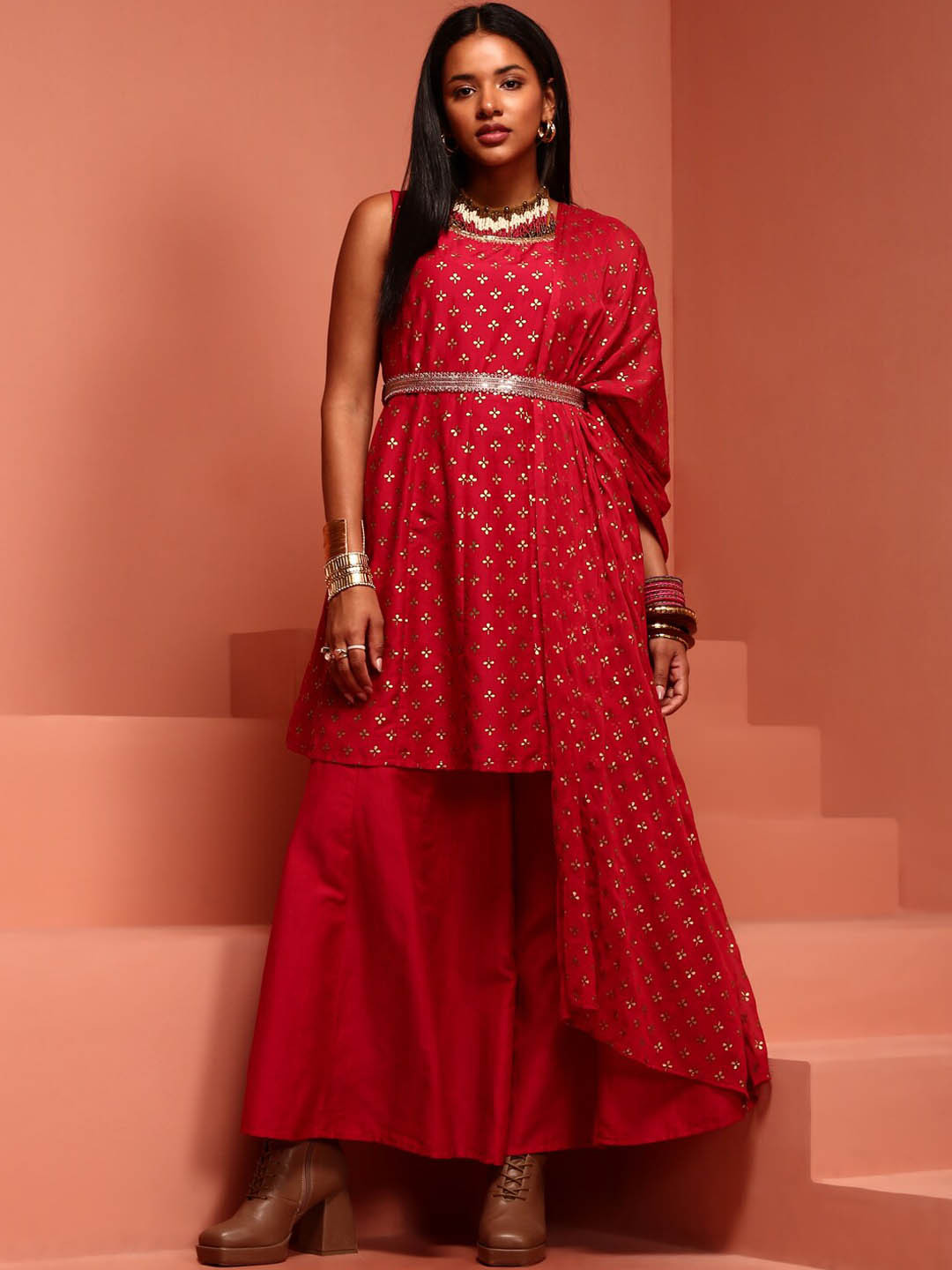 Buy IMARA Ethnic Motifs Printed Sequinned A Line Kurta With Palazzos ...