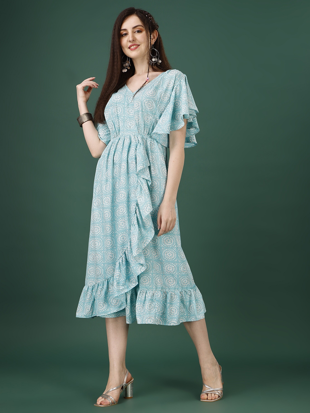 Buy Kalini Floral Printed V Neck Flutter Sleeve Ruffled Georgette A