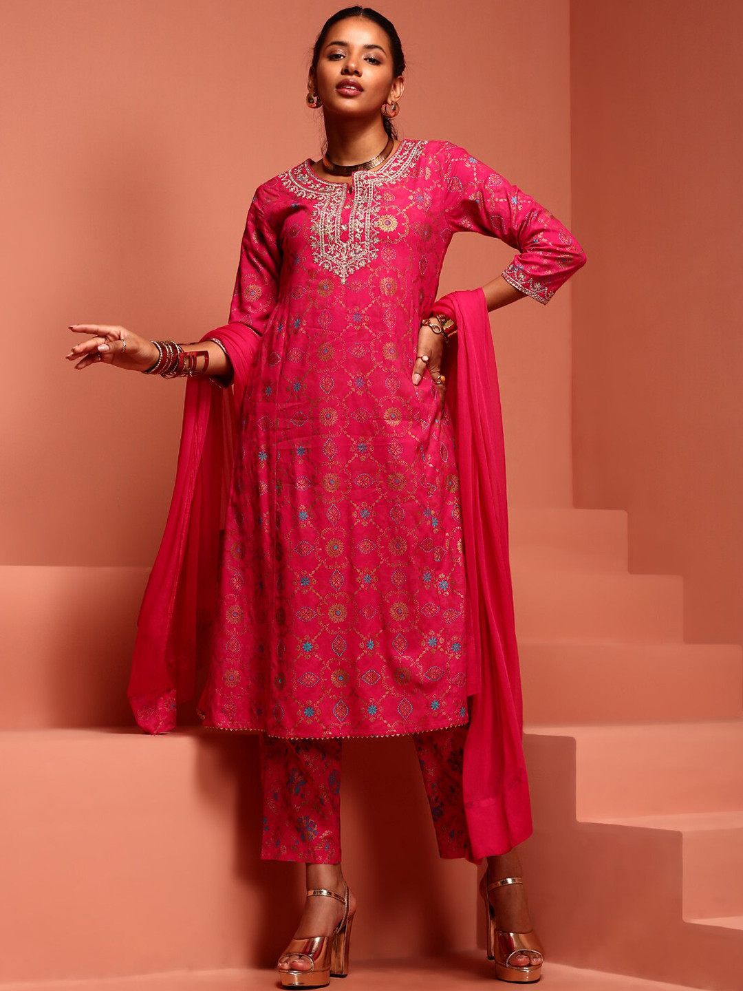 Buy IMARA Floral Printed Sequinned Kurta With Trousers & Dupatta ...