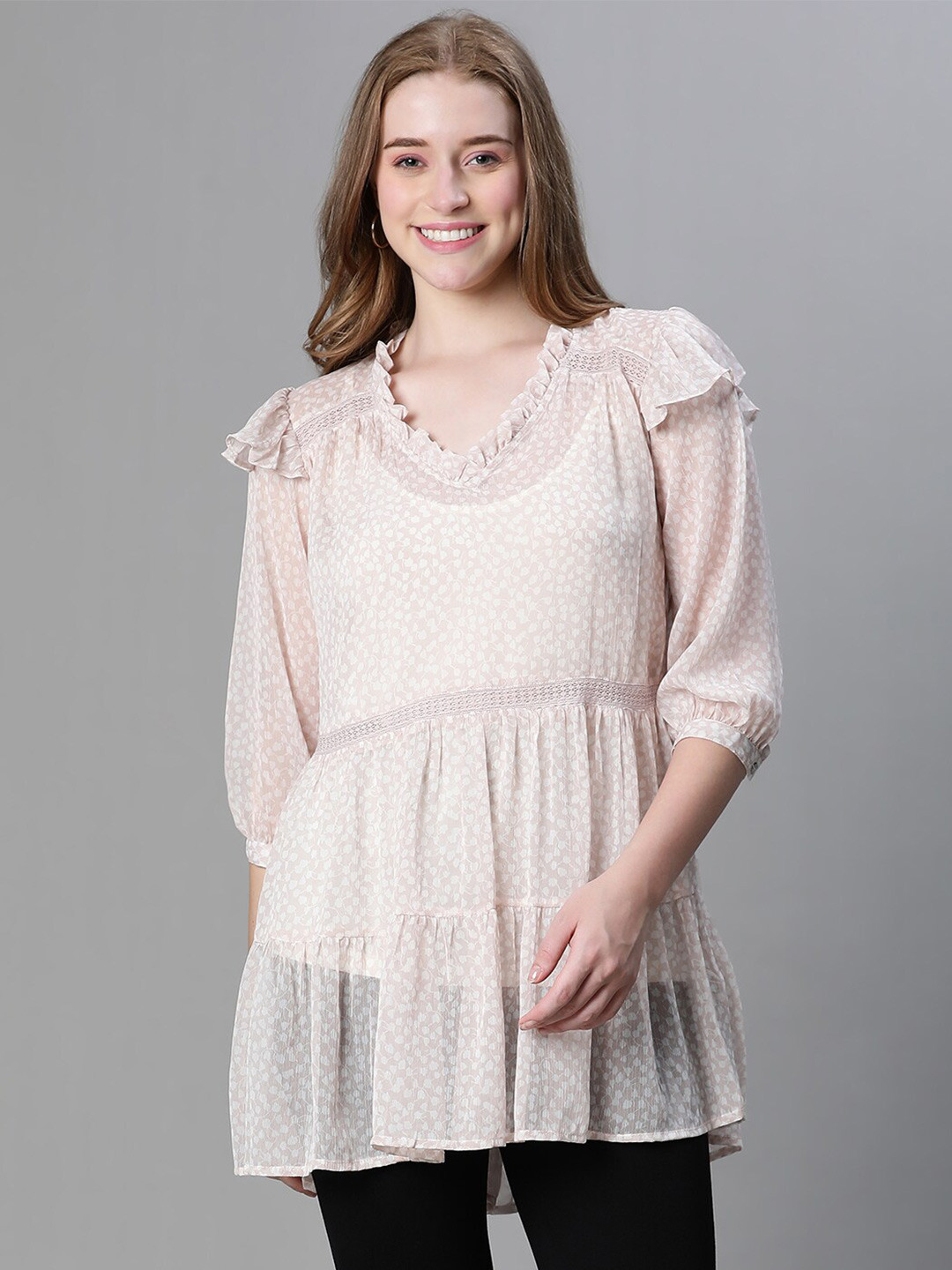 Buy Oxolloxo Animal Printed Ruffled V Neck Flared Tunic - Tunics for ...