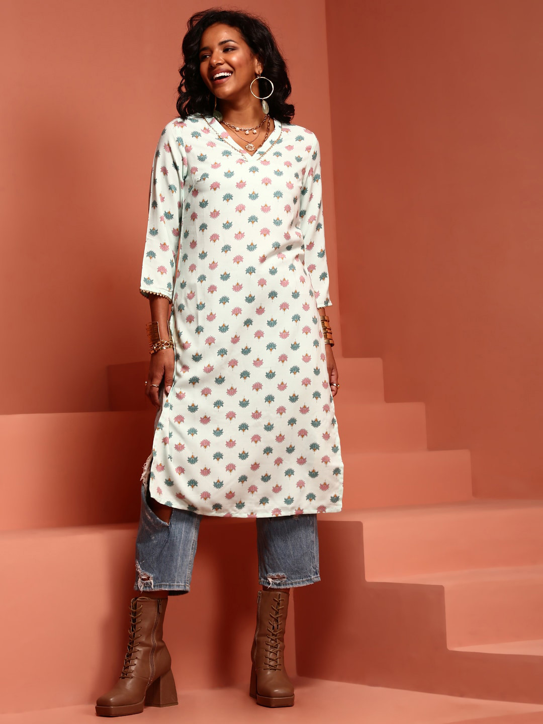 Buy IMARA Floral Motifs Printed V Neck Straight Kurta - Kurtas for ...