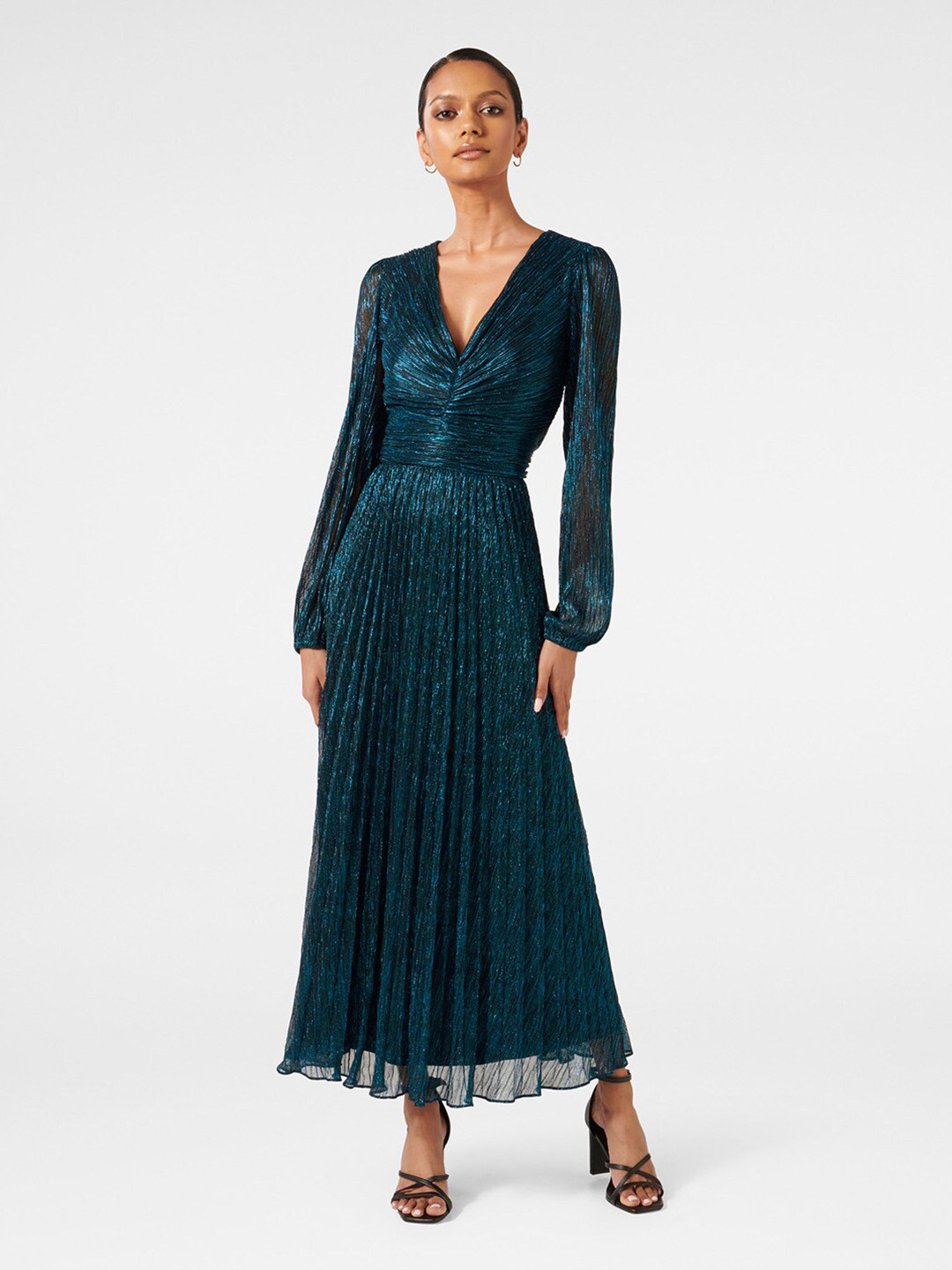 Buy Forever New Self Design V Neck Puff Sleeves Maxi Dress - Dresses ...