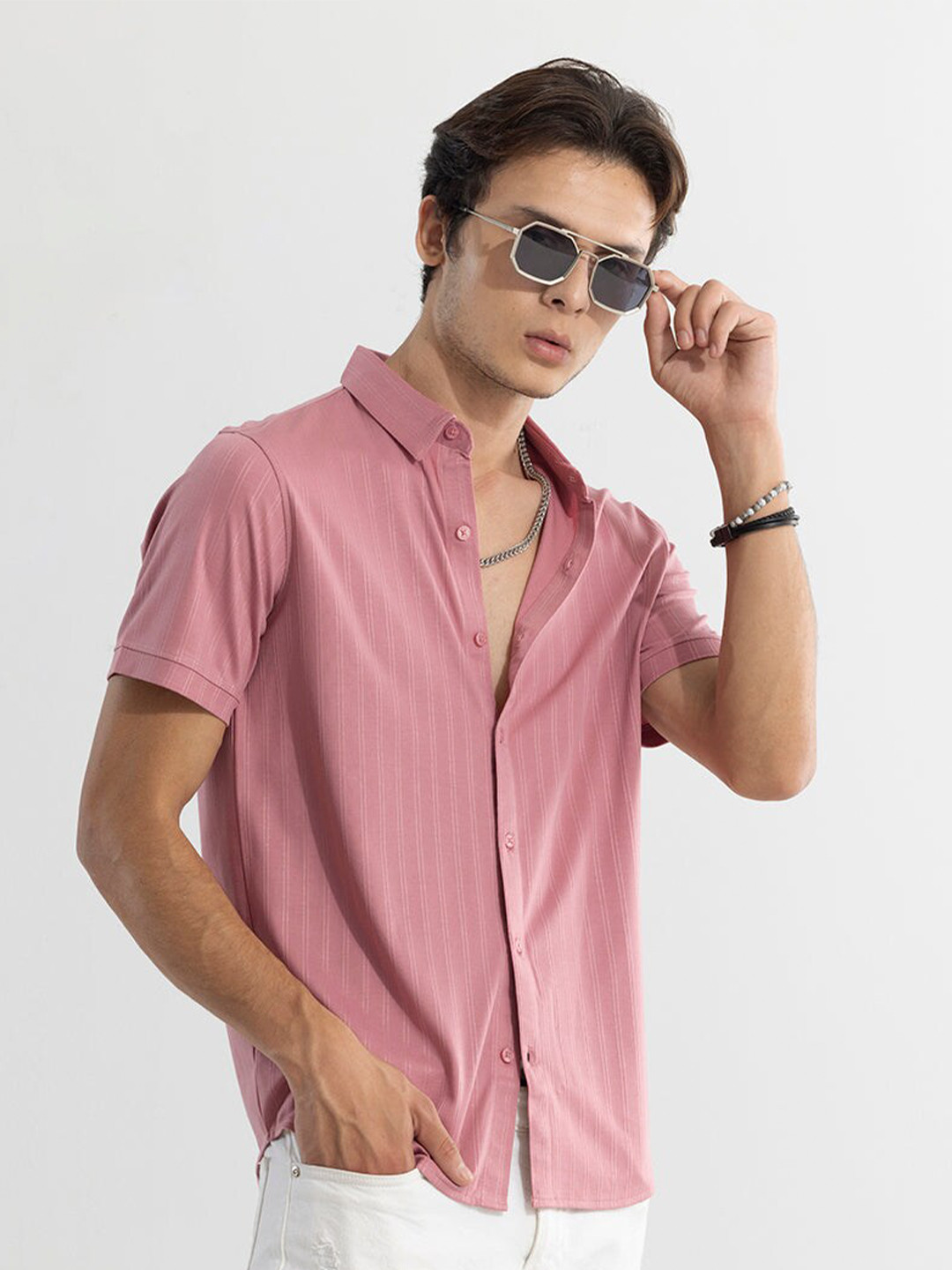 Buy Snitch Pink Classic Slim Fit Vertical Striped Spread Collar Cotton ...