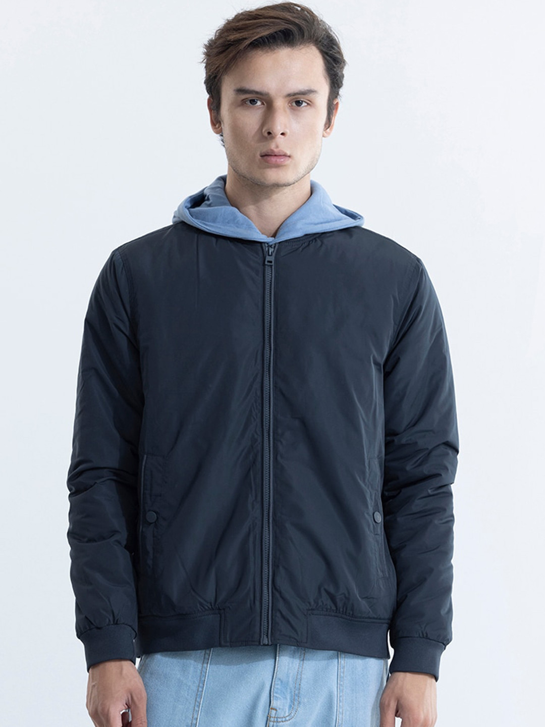 Buy Snitch Navy Blue Stand Collar Bomber Jacket - Jackets for Men ...