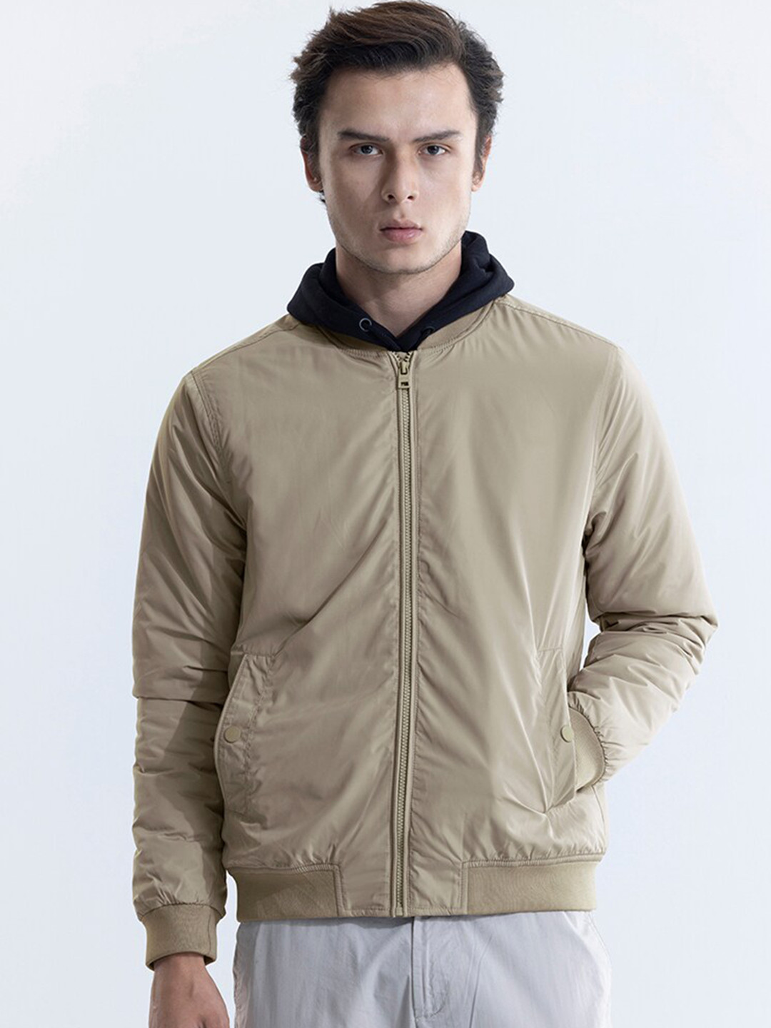 Buy Snitch Beige Mandarin Collar Bomber Jacket - Jackets for Men ...