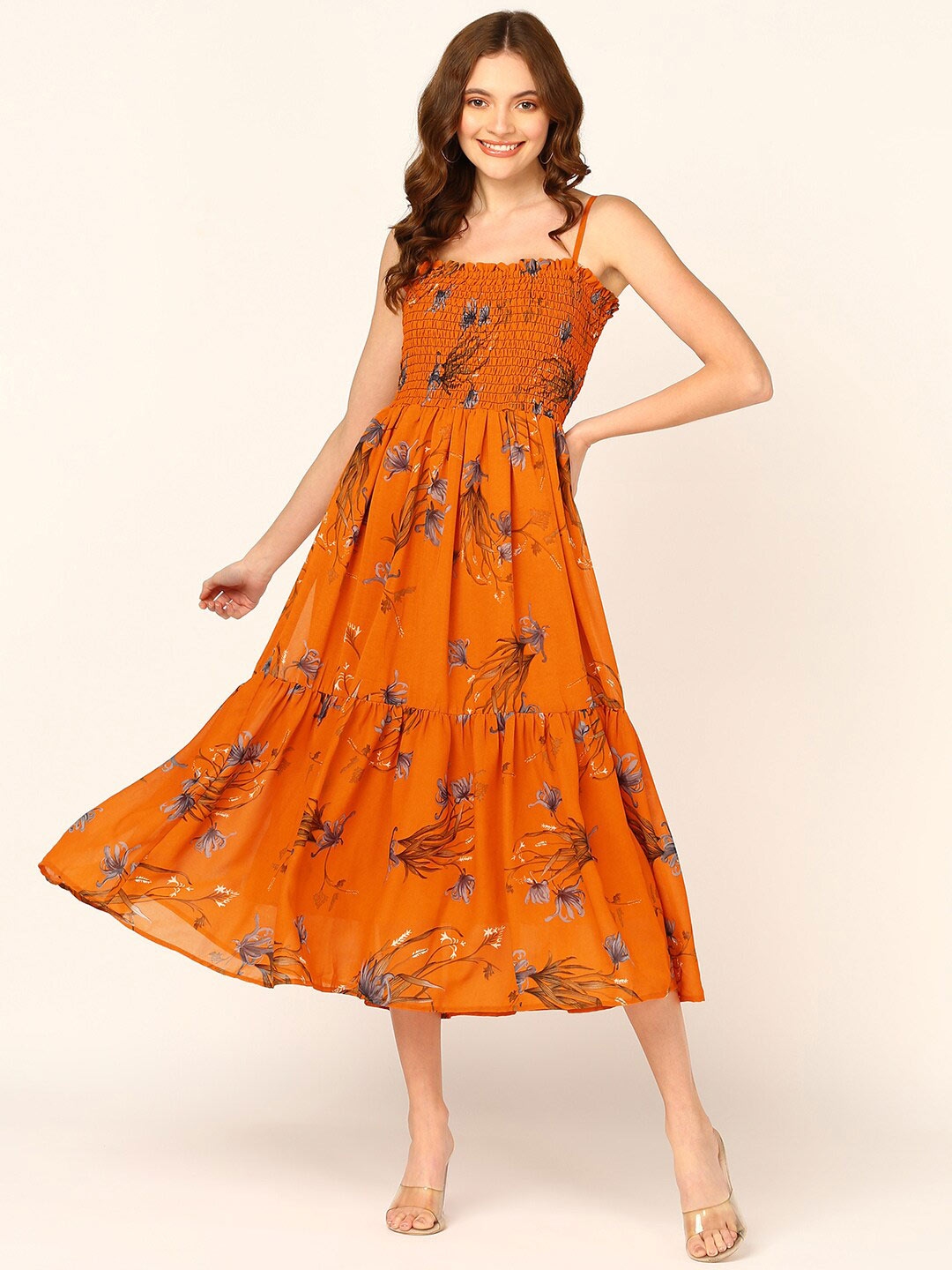 Buy Mast And Harbour Floral Printed Smocked Georgette Fit And Flare Midi