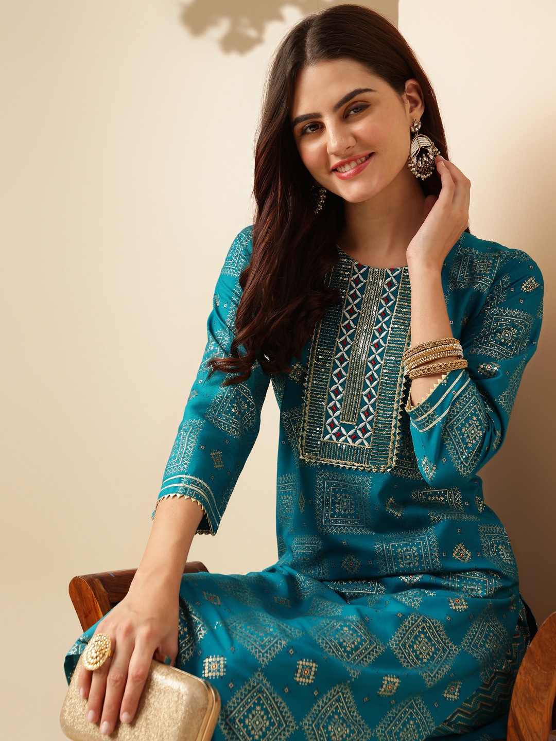 Buy Anouk Ethnic Motifs Printed Regular Sequinned Kurta With Trousers