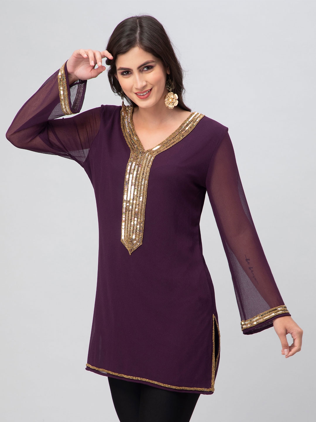 Buy DEBONATELLA Ethnic Motifs Embellished V Neck Sequinned Pure ... Buy DEBONATELLA Ethnic Motifs Embellished V Neck Sequinned Pure ...