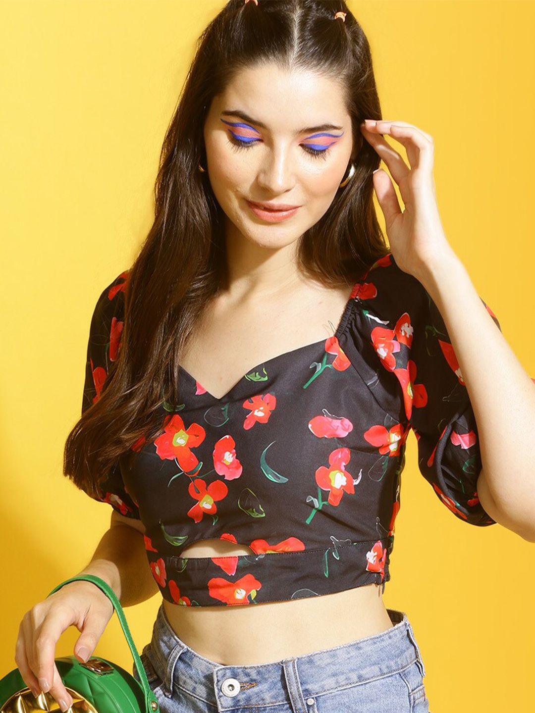 Buy Mast And Harbour Black Floral Printed Sweetheart Neck Puff Sleeve