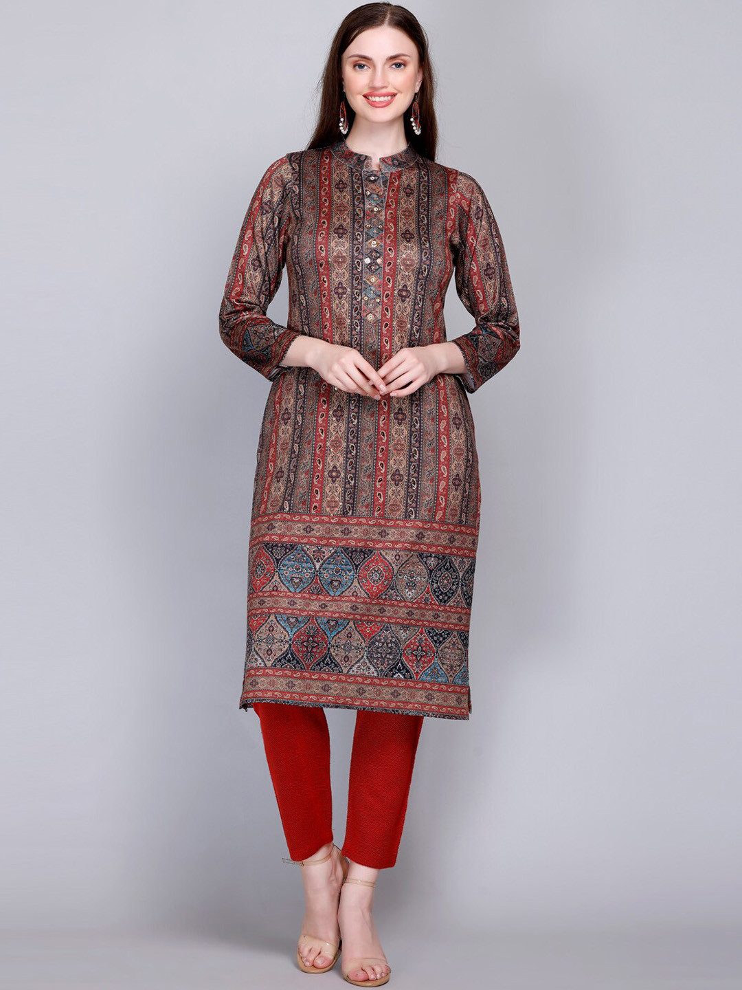 Buy VELVTINE Ethnic Motifs Printed Regular Pure Wool Kurta With ...