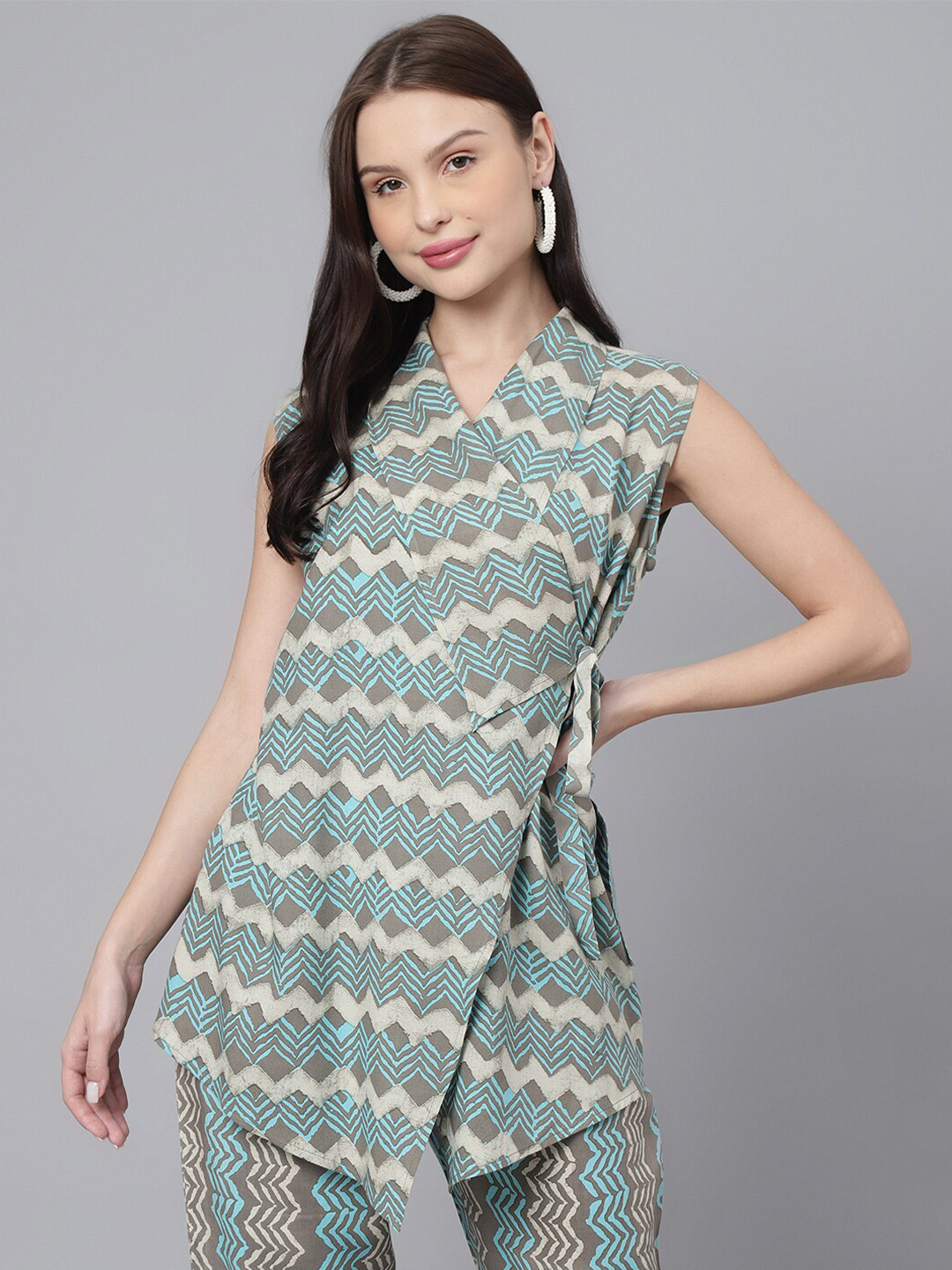 Buy DECKEDUP Geometric Printed Sleeveless Longline Wrap Top - Tops for ...