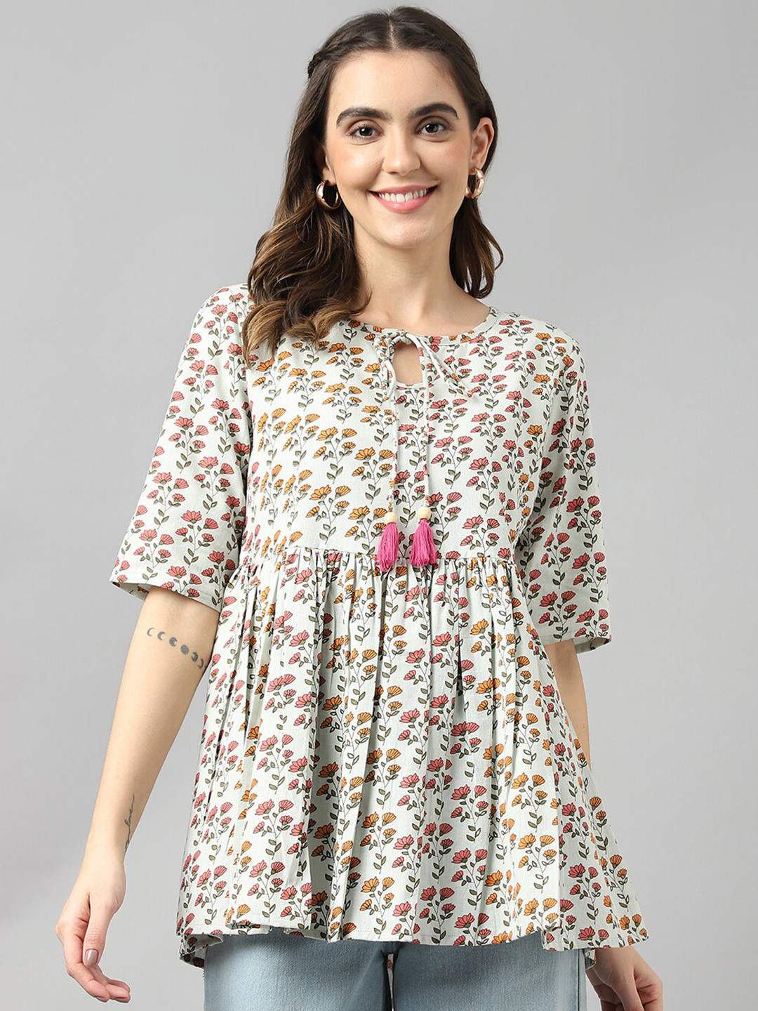 Buy DECKEDUP Floral Printed Tie Up Neck Cotton A Line Longline Top ...