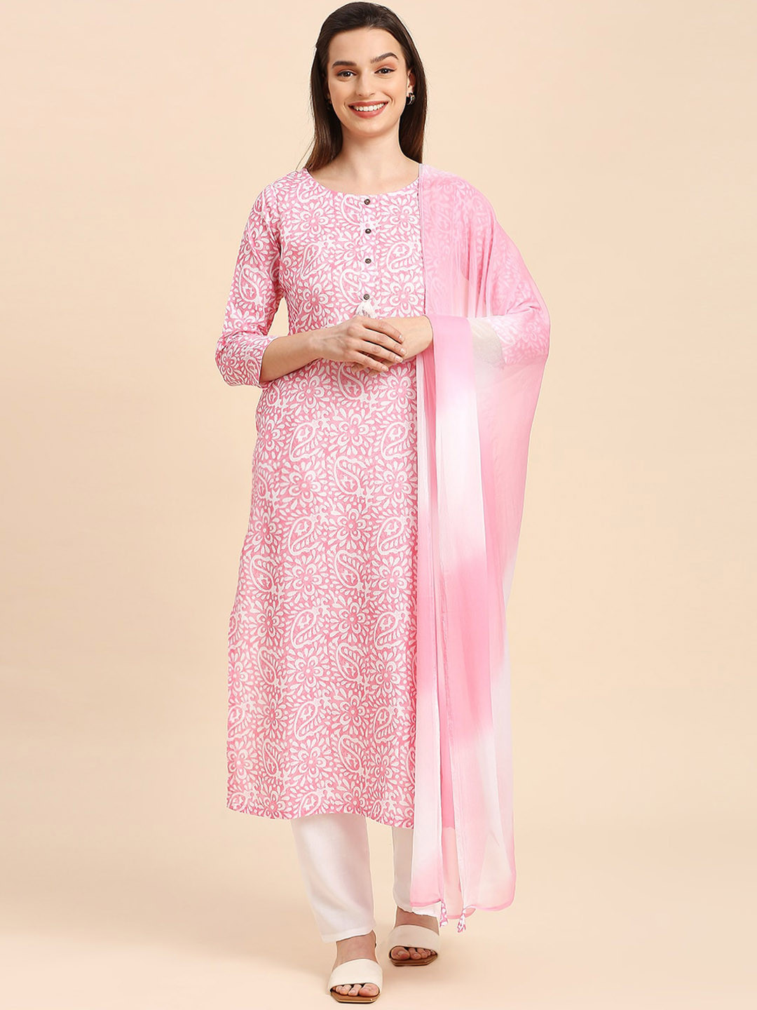 Buy Anuthi Ethnic Motifs Printed Kurta With Trousers & Dupatta - Kurta ...