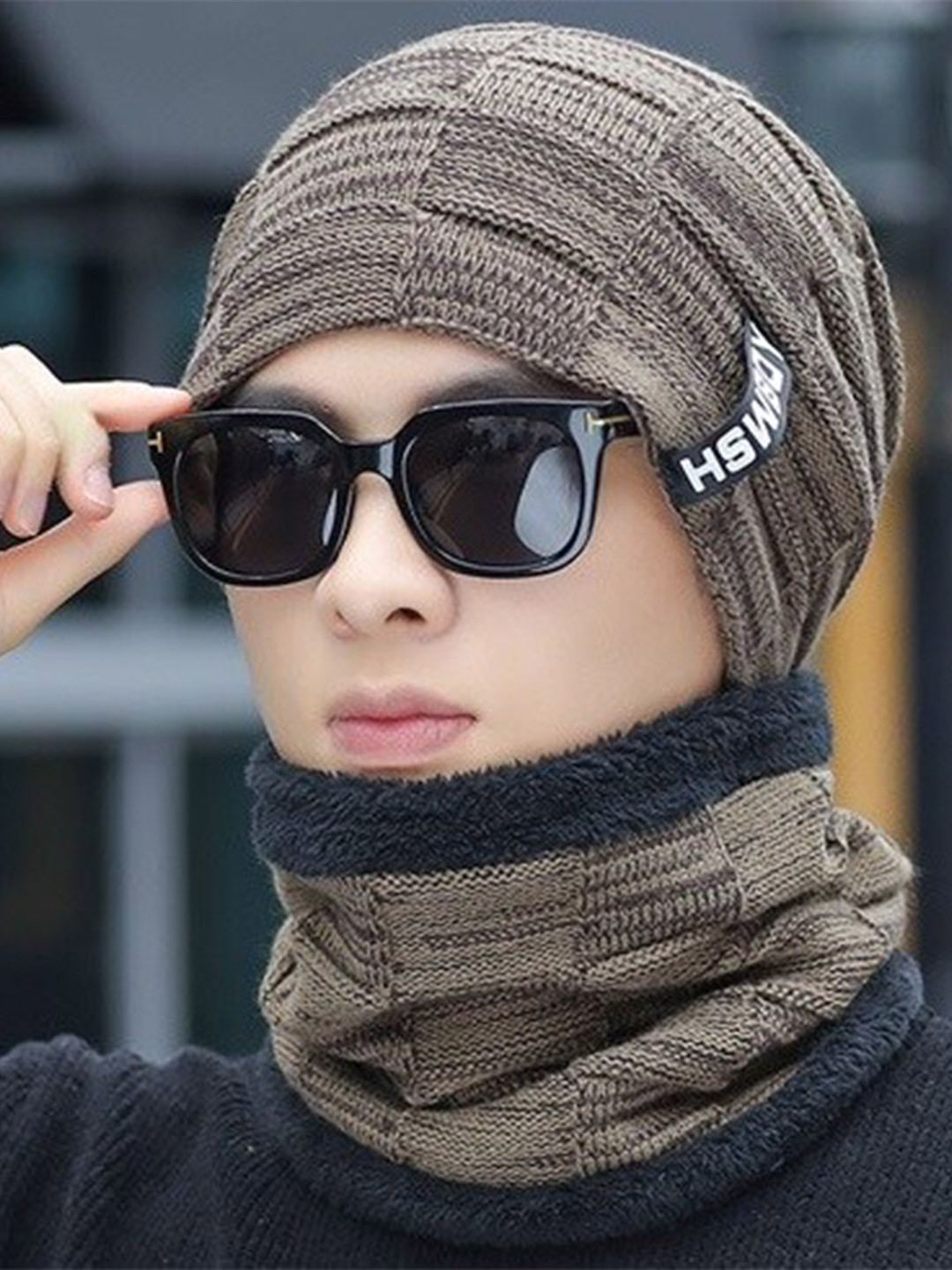 Buy Alexvyan Men Self Design Acrylic Beanie Cap With Scarf - Caps for ...