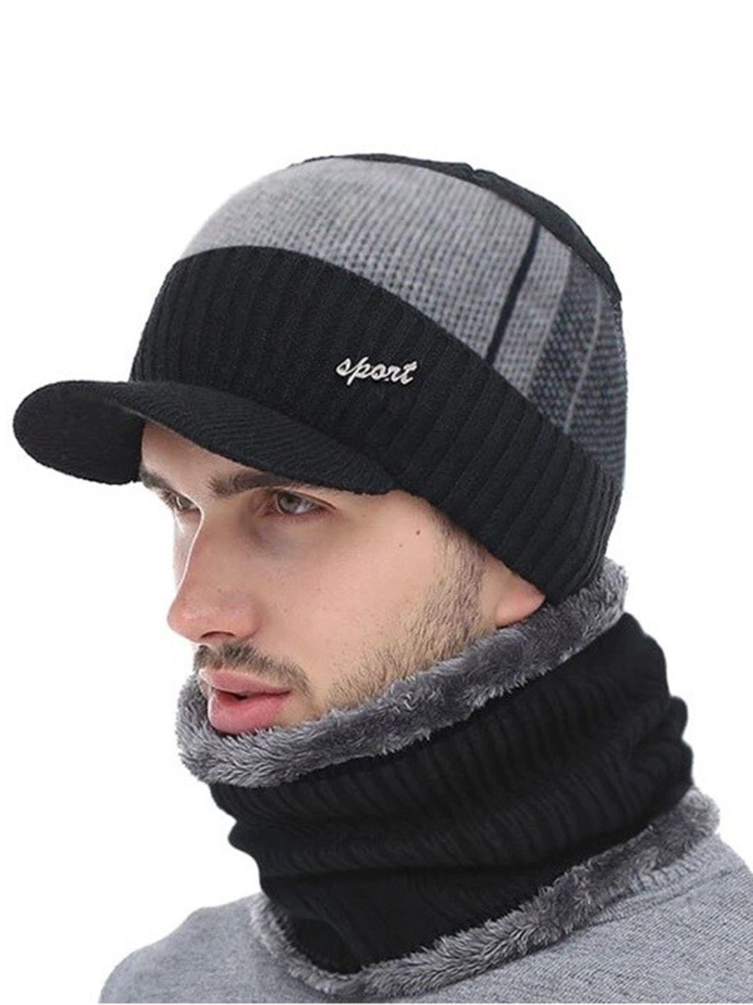Buy Alexvyan Men Self Design Acrylic Beanie Cap With Scarf - Caps for ...