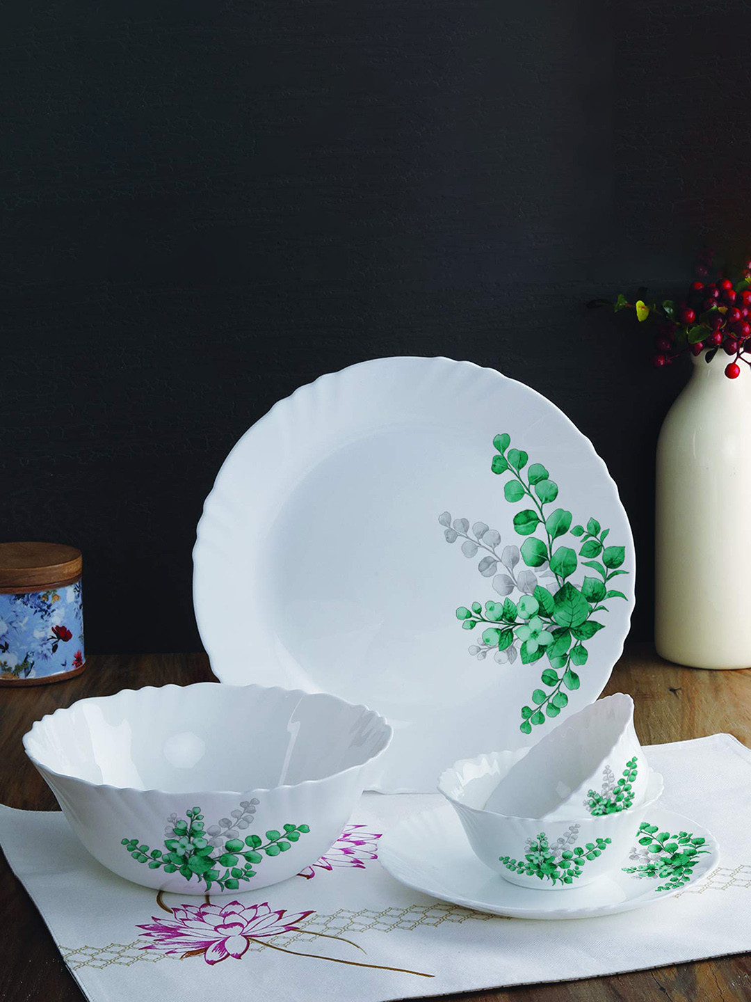 Buy Cello Imperial 13 Pieces White Aqua Leaves Opalware Dinner Set - Dinner Set for Unisex ...