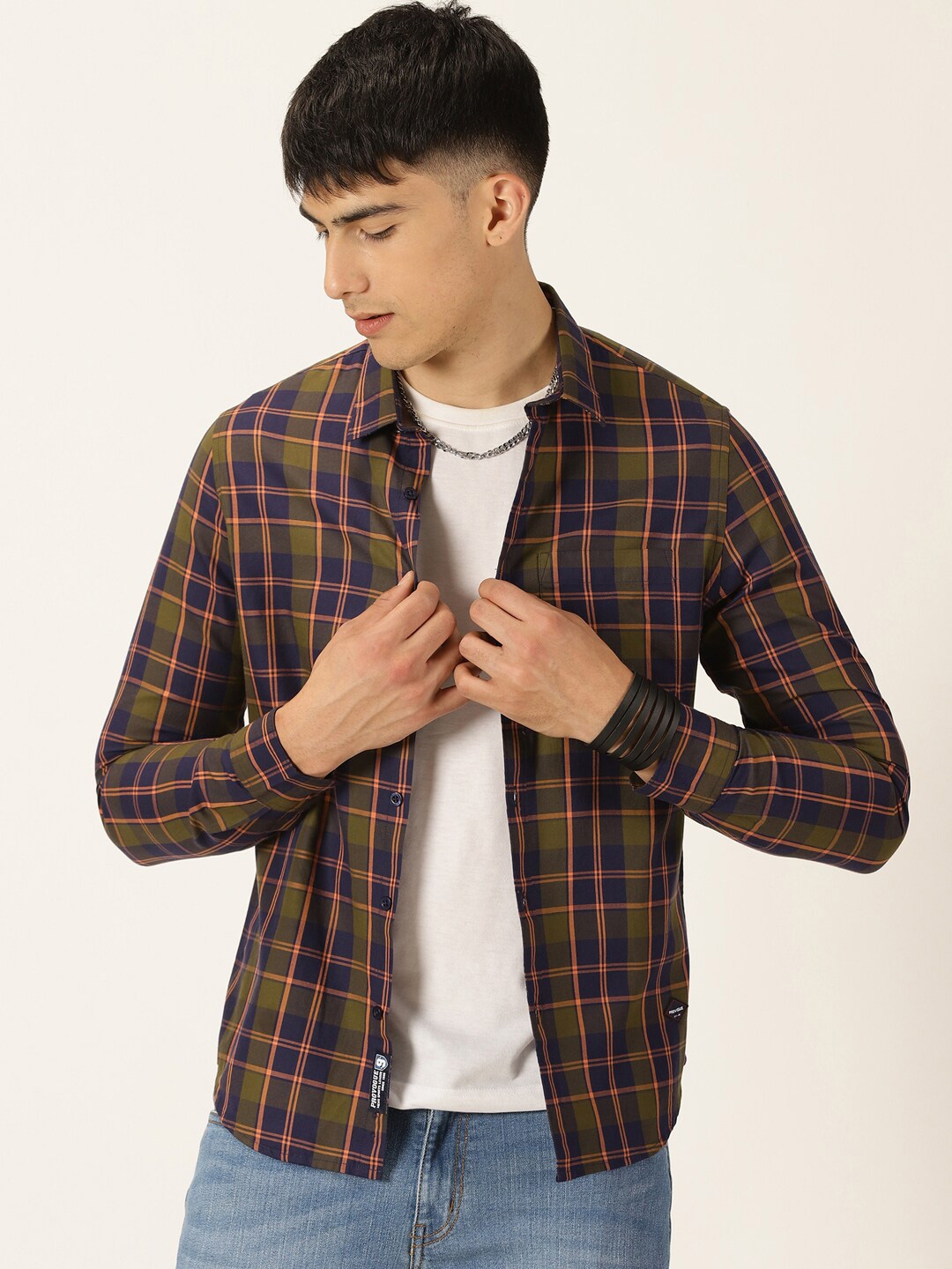 Buy Provogue Classic Slim Fit Tartan Checks Checked Pure Cotton Casual