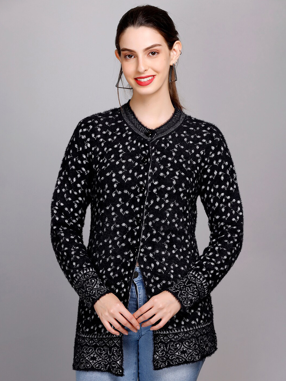 Buy EWools Floral Self Design Acrylic Woollen Longline Cardigan ...