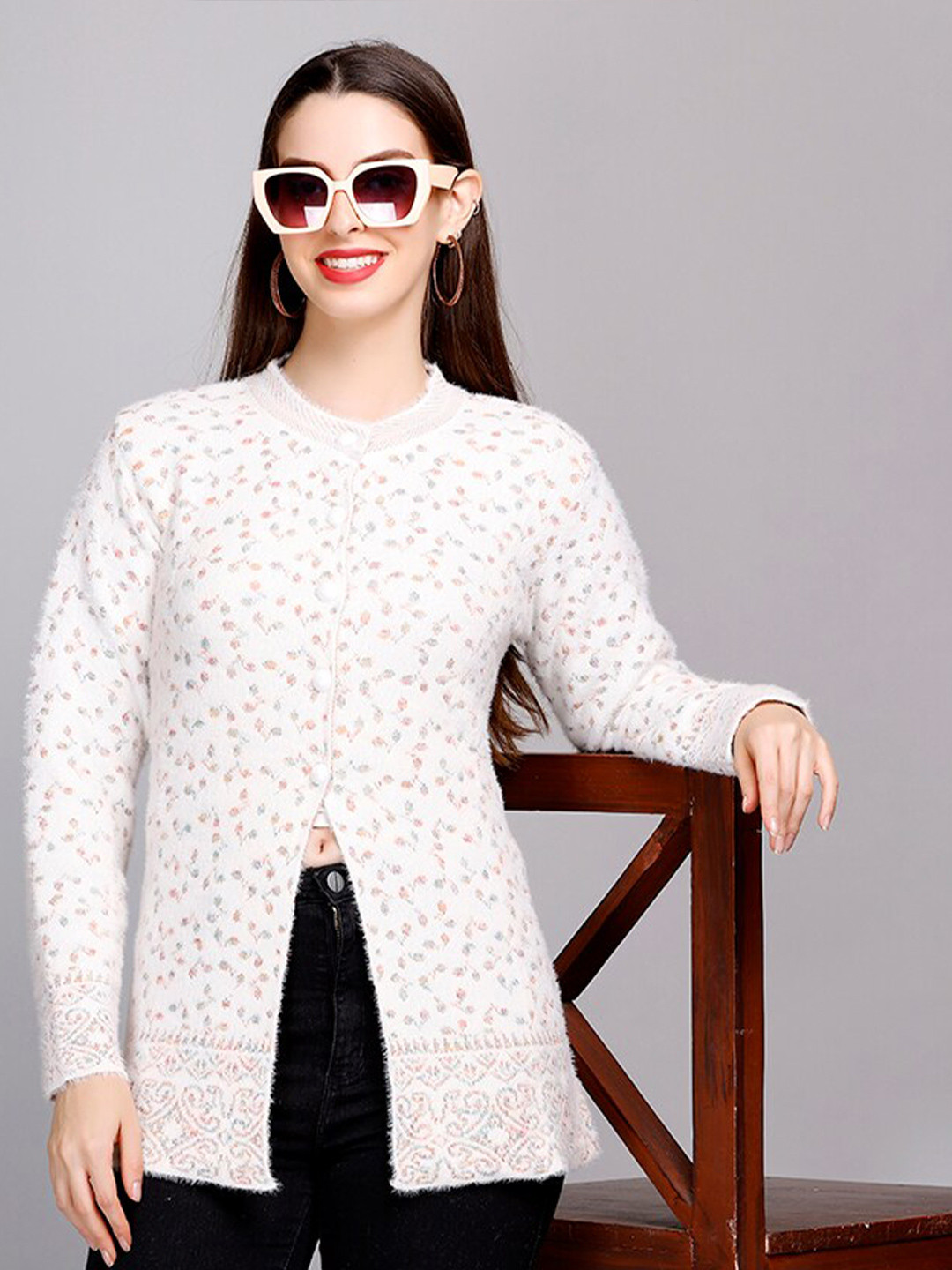 Buy EWools Floral Self Design Acrylic Woollen Longline Cardigan ...