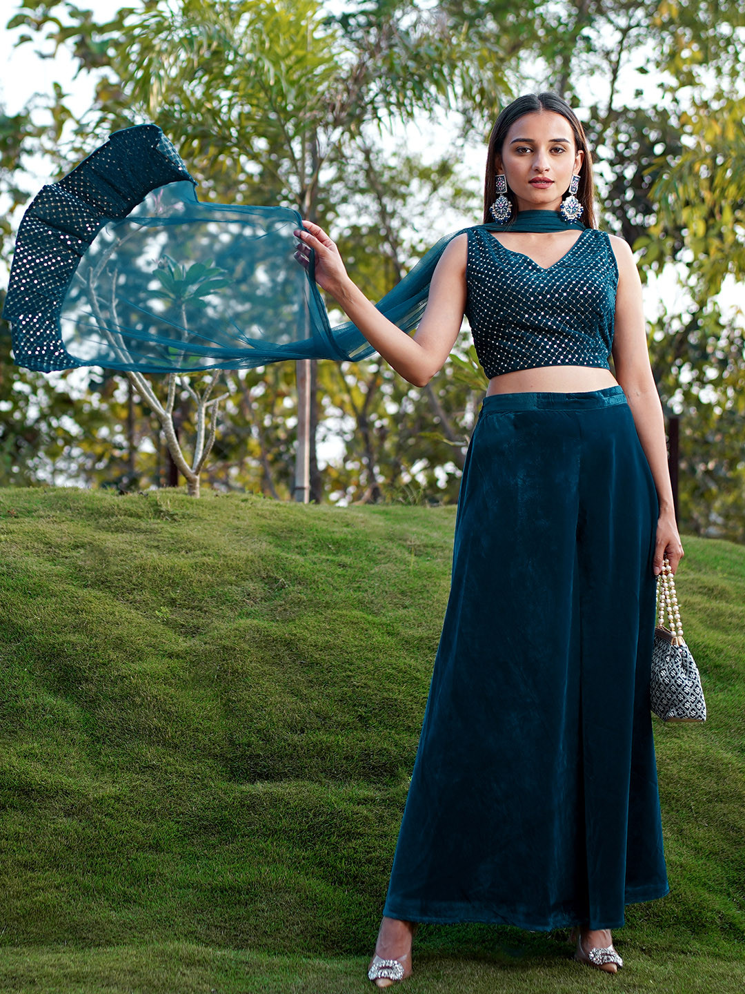 Buy Libas Women Embellished Velvet Crop Top With Flared Palazzo And ...