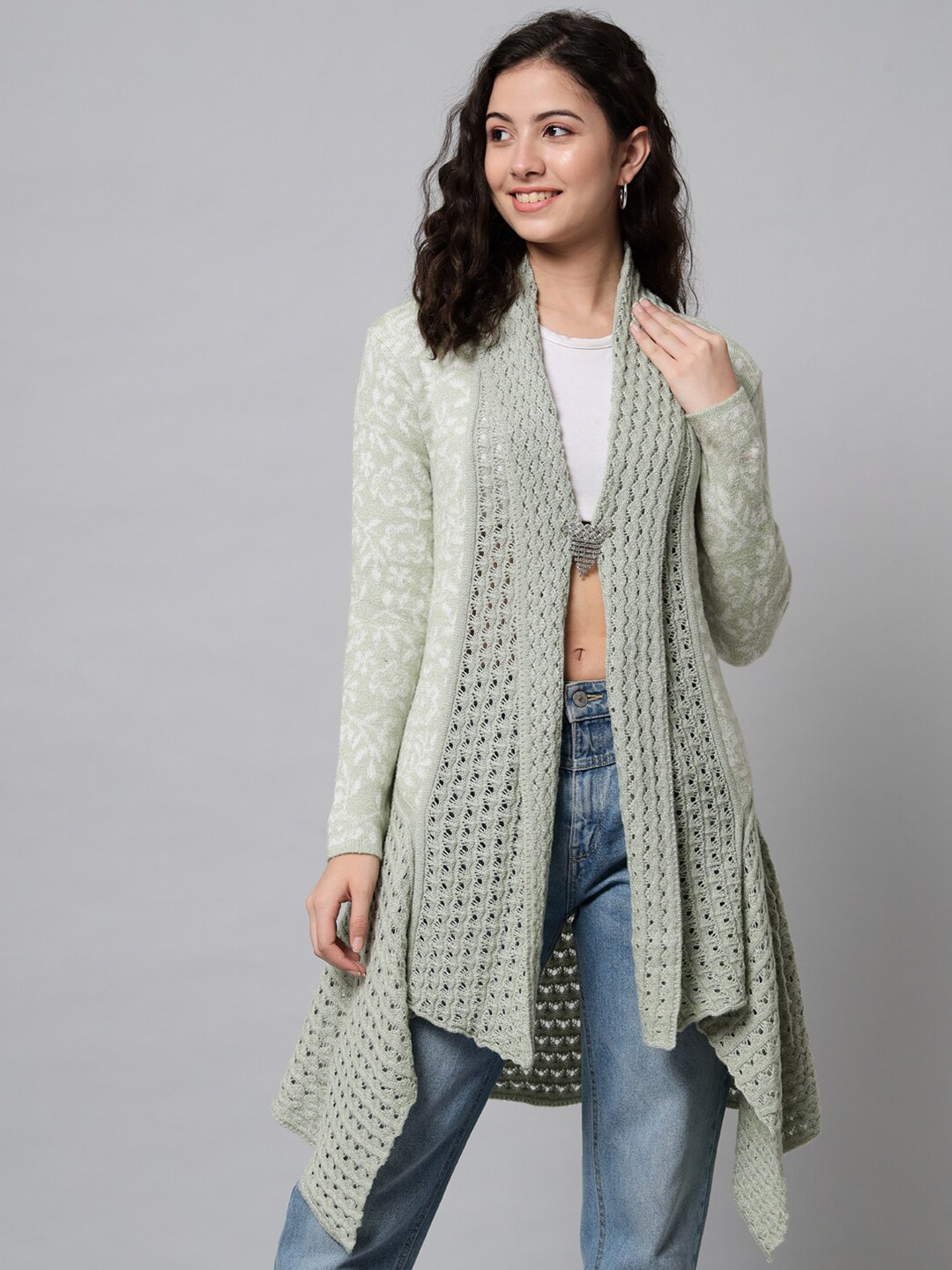 Buy EWools Floral Self Design Wool Longline Shrug - Shrug for Women ...