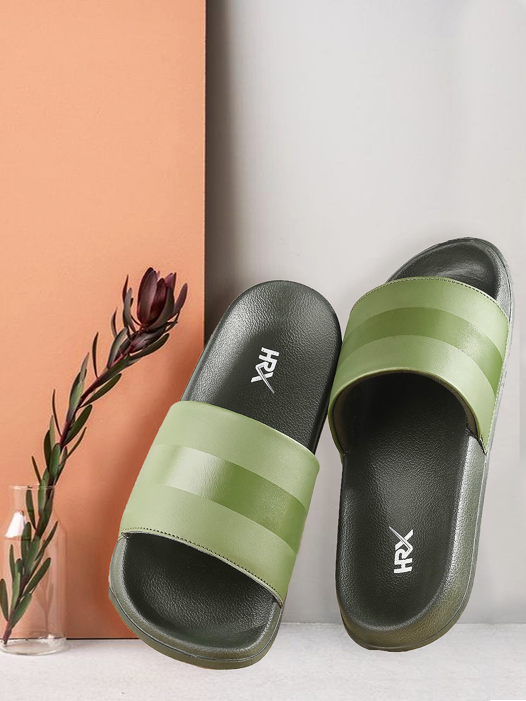 Buy HRX By Hrithik Roshan Women Olive Green Striped Sliders - Flip ...