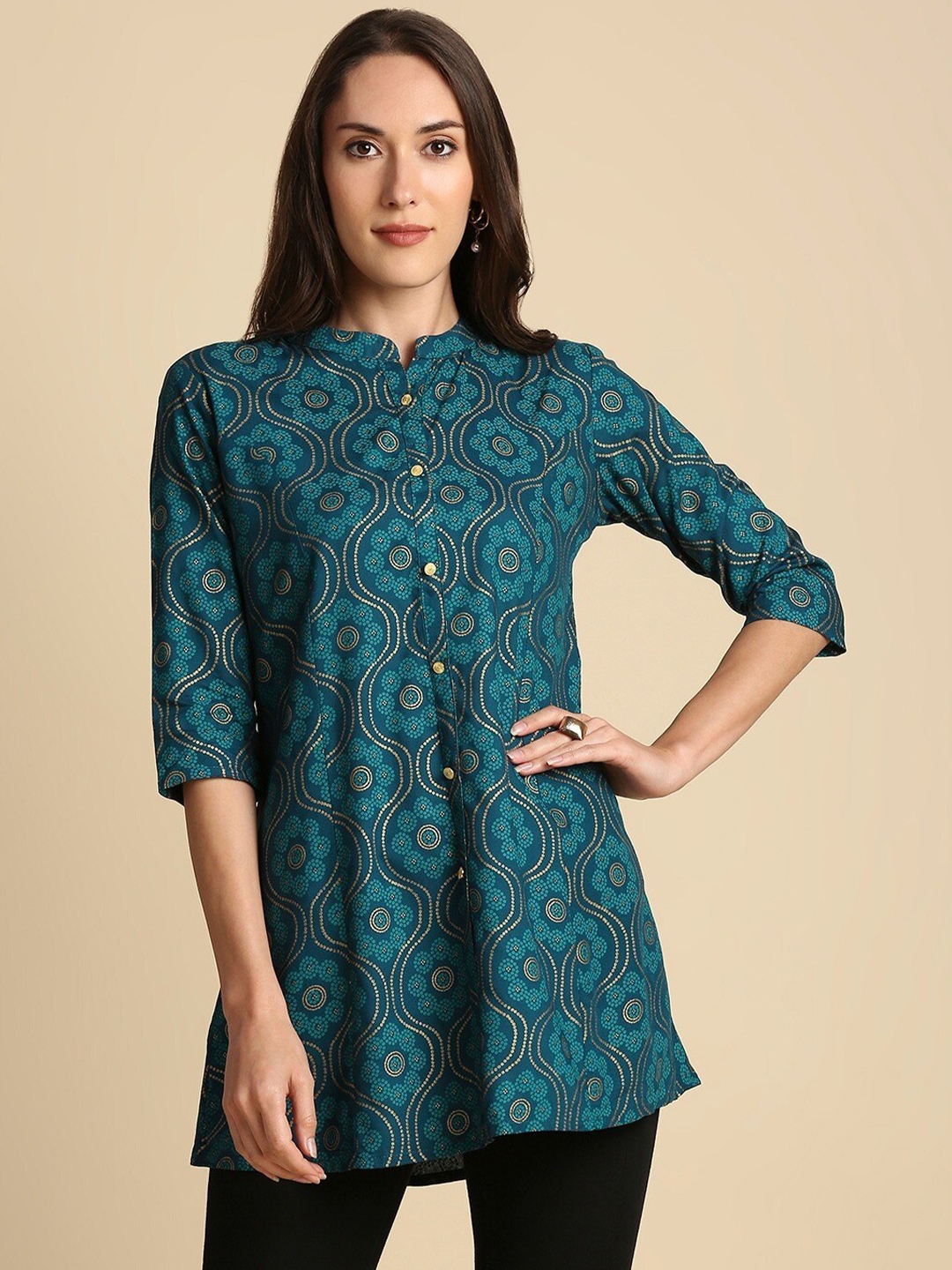 Buy Anubhutee Ethnic Motifs Printed Mandarin Collar Straight Kurti