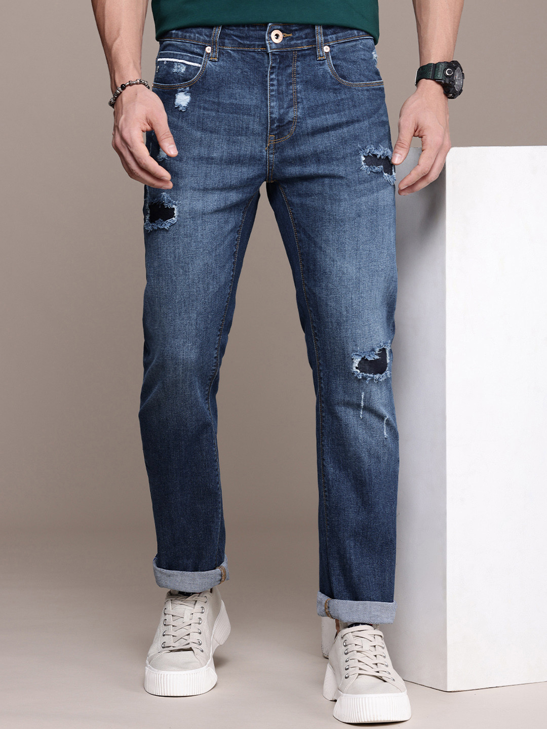 Buy FORCE IX Men Pure Cotton Slim Fit Mildly Distressed Light Fade ...