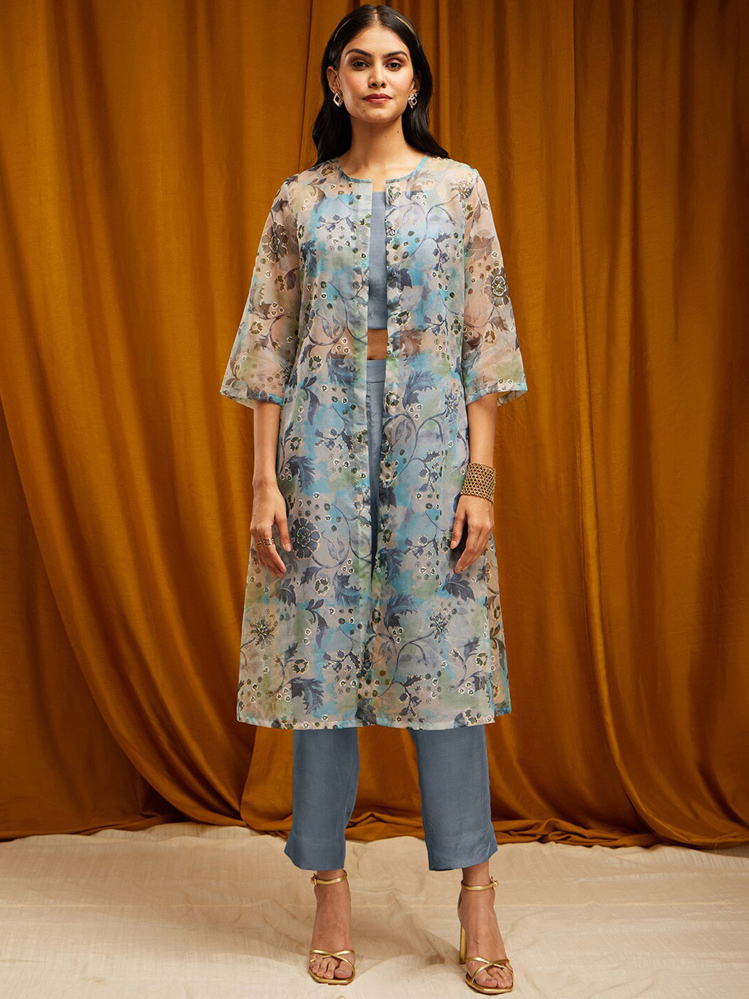 Buy Pink Fort Square Neck Top With Flared Trouser With Jacket Co Ords ...