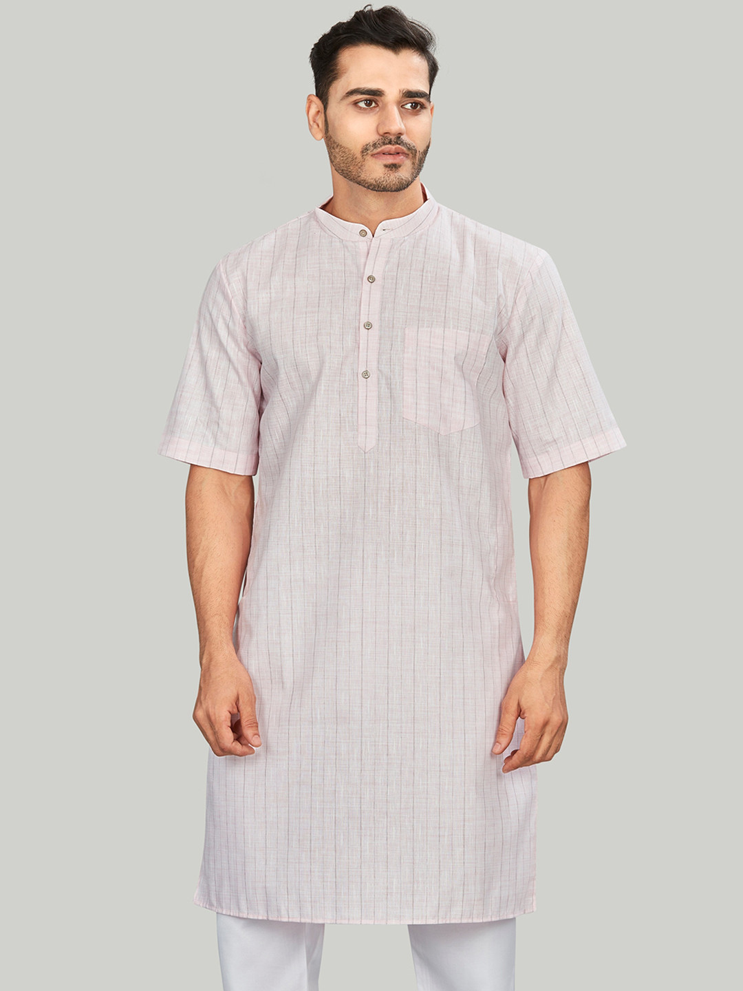 Buy Authentics Striped Half Sleeves Cotton Linen Straight Kurta ...