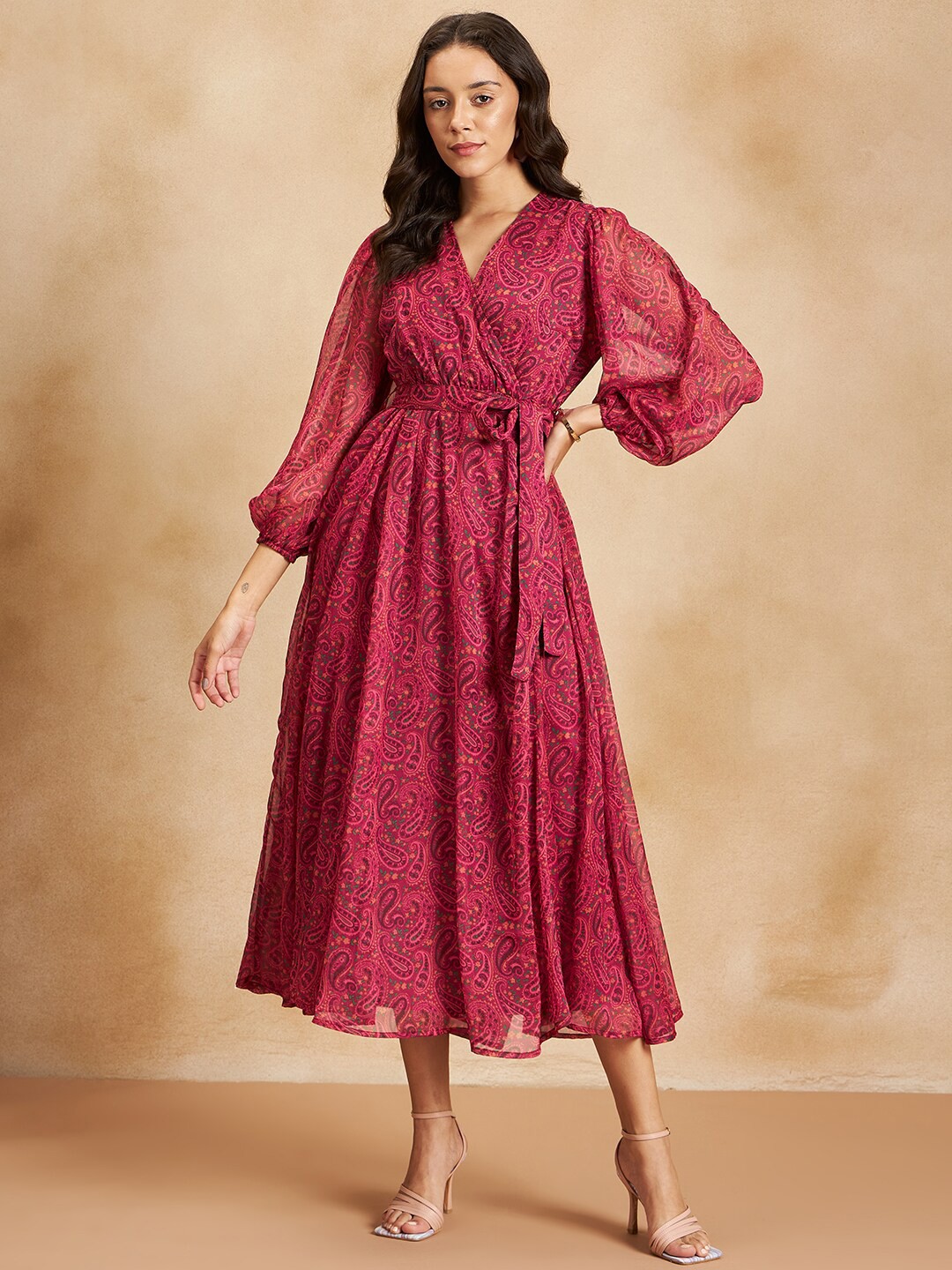 Buy Femella Ethnic Motifs Printed V Neck Puff Sleeves Tiered Detail