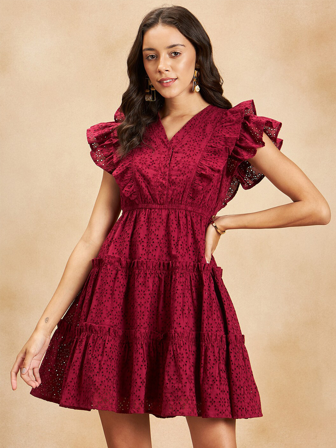 Buy FEMMELLA Self Design Flutter Sleeve Pure Cotton Fit & Flare Dress ...