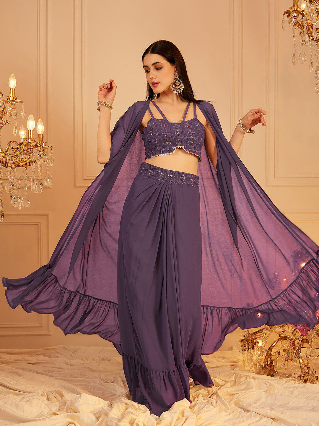 Buy Indo Street Embellished Shoulder Strap Neck Top & Skirt With Shrug ...