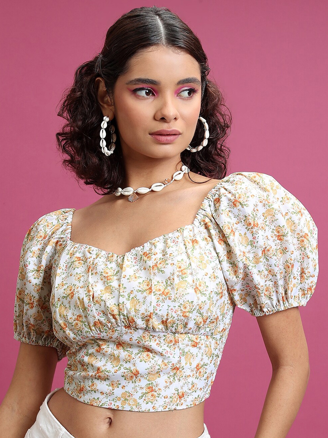 Buy Tokyo Talkies Floral Printed Sweetheart Neck Puff Sleeve Blouson