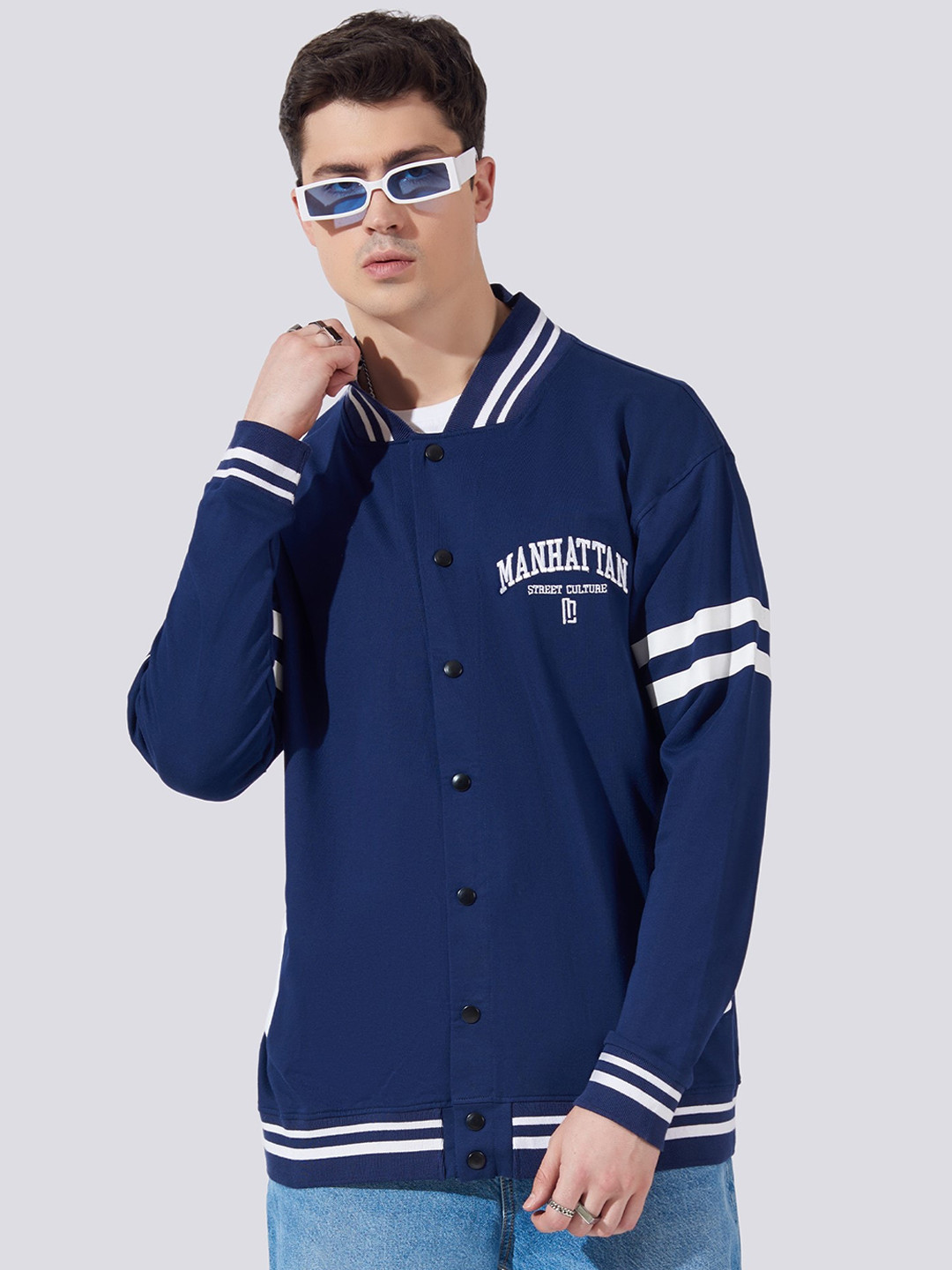Buy Maniac Mandarin Collar Manhattan Printed Cotton Varsity Jacket ...