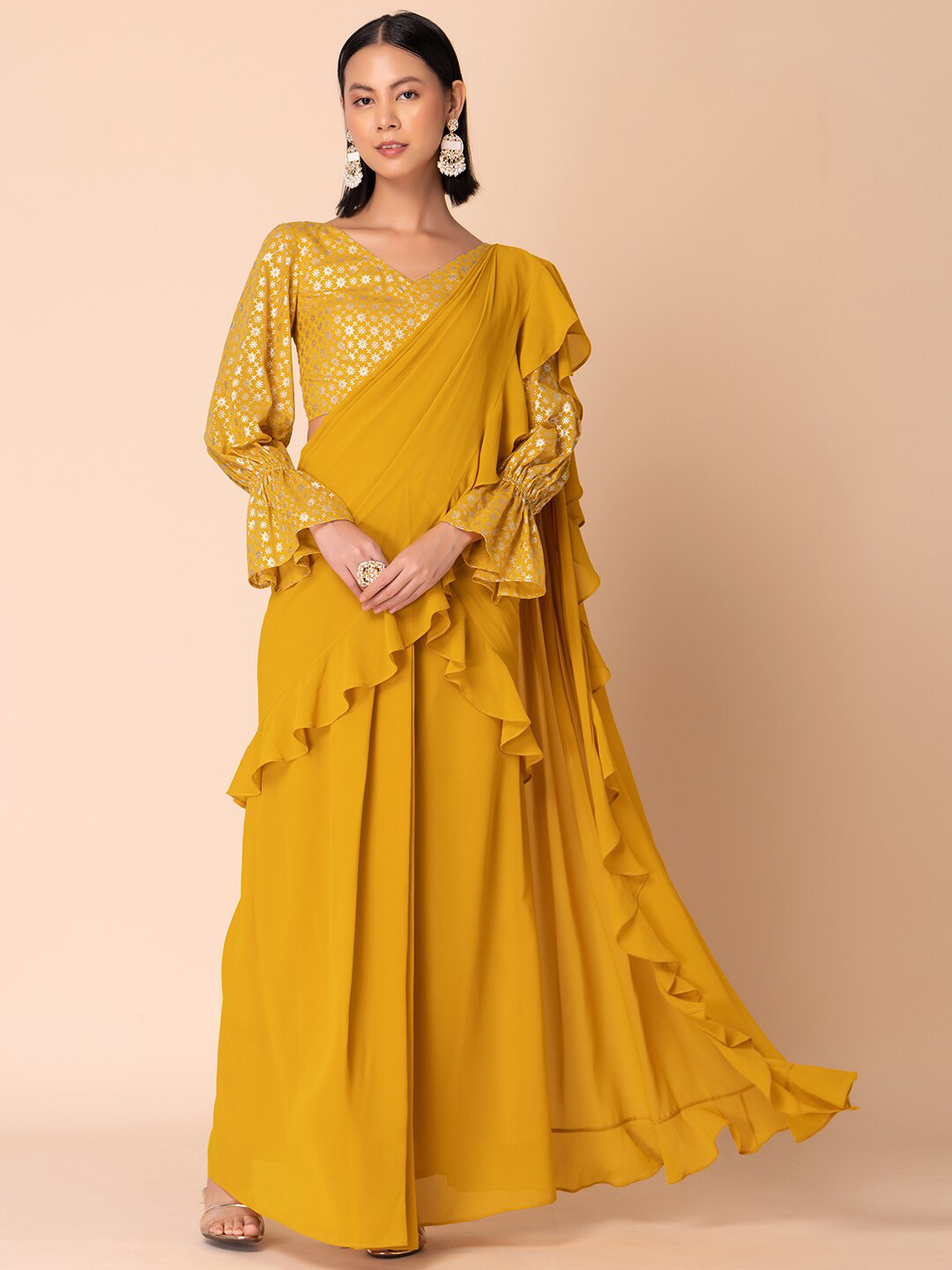 Buy INDYA Ruffled Ready To Wear Saree With Stitched Blouse - Sarees for ...