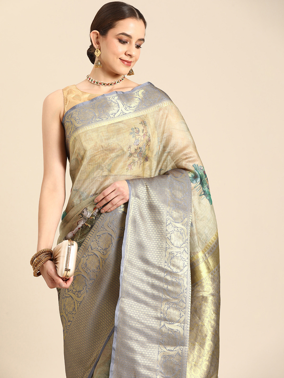 Buy Silk Land Kalamkari Woven Pichwai Muga Silk With Digital Print ...