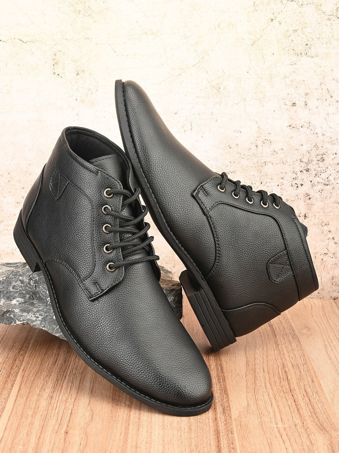 Buy The Roadster Lifestyle Co. Men Black Textured Mid Top Regular Boots ...