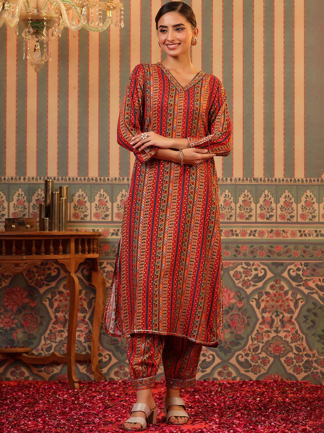 Buy SCAKHI Ethnic Motifs Printed Mirror Work Pathani Kurta With Patiala ...
