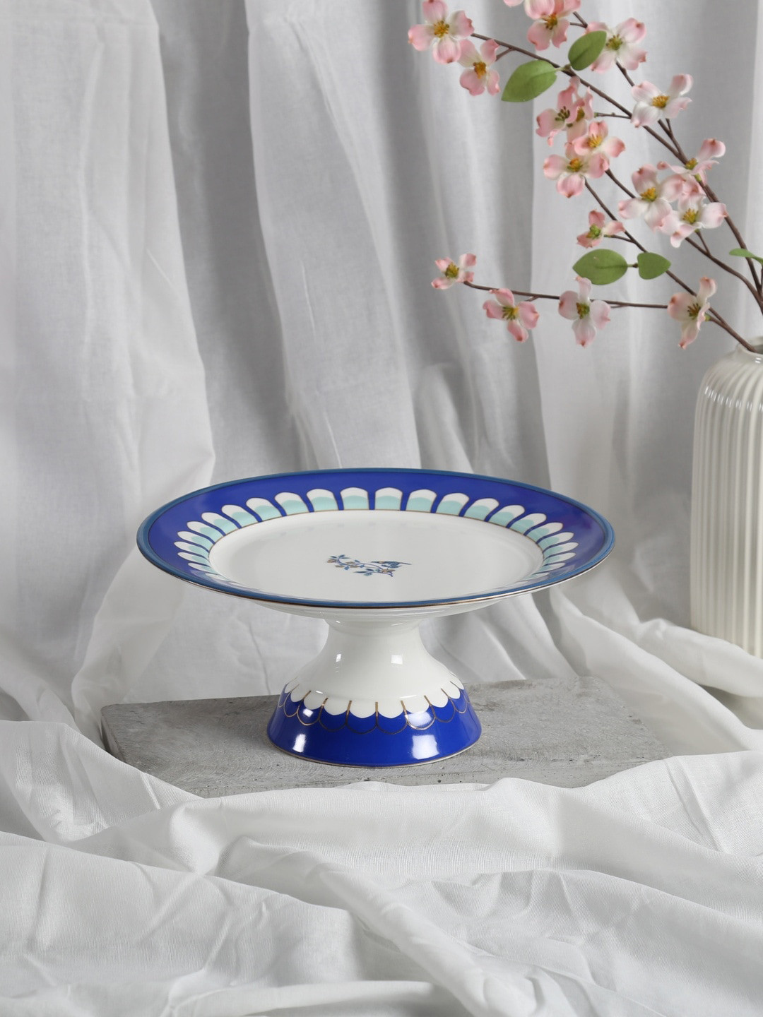 Buy CLAY CRAFT White & Blue Bone China Cake Stand With 22KT Liquid Gold ...